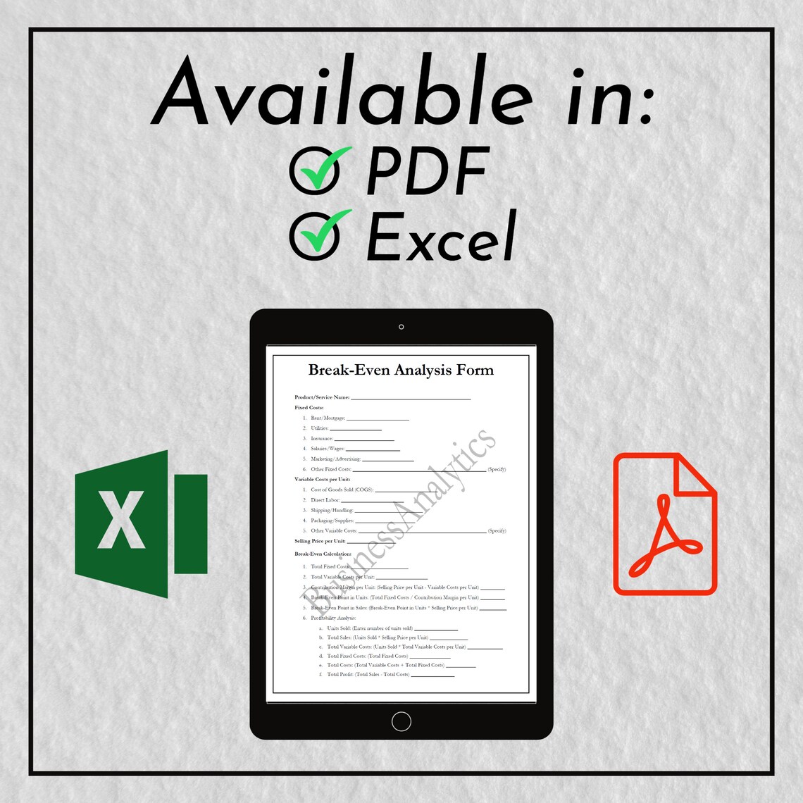 Break-even Analysis Form | Excel & PDF | Automatic Calculations and ...