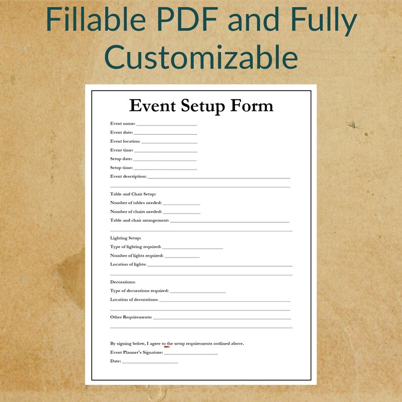 Event Setup Form | Fillable PDF | Event Planning Template | Party ...