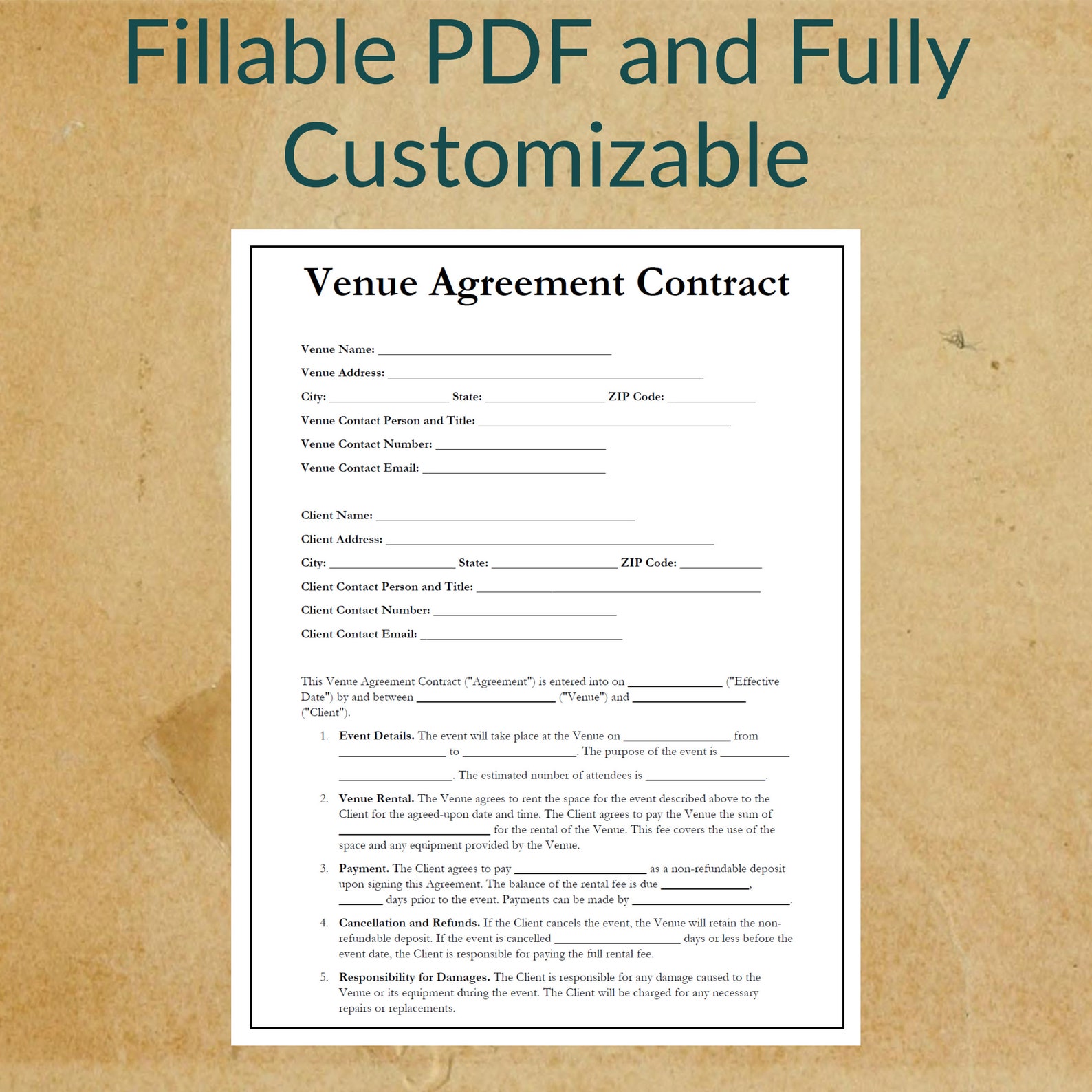 Venue Agreement Contract Form for Events and Weddings | Printable ...