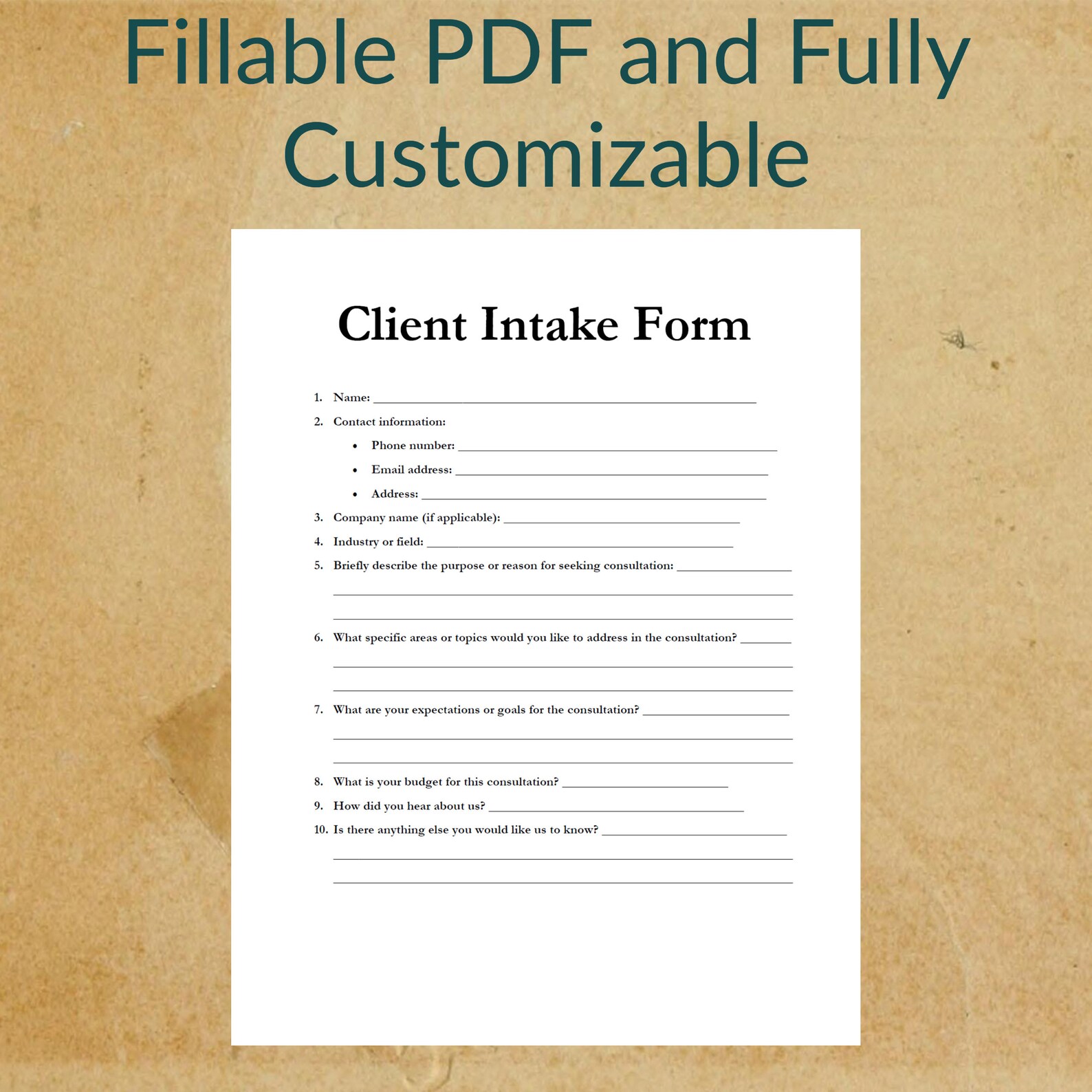 Client Intake Form for Consultants | Printable | Fillable | PDF ...