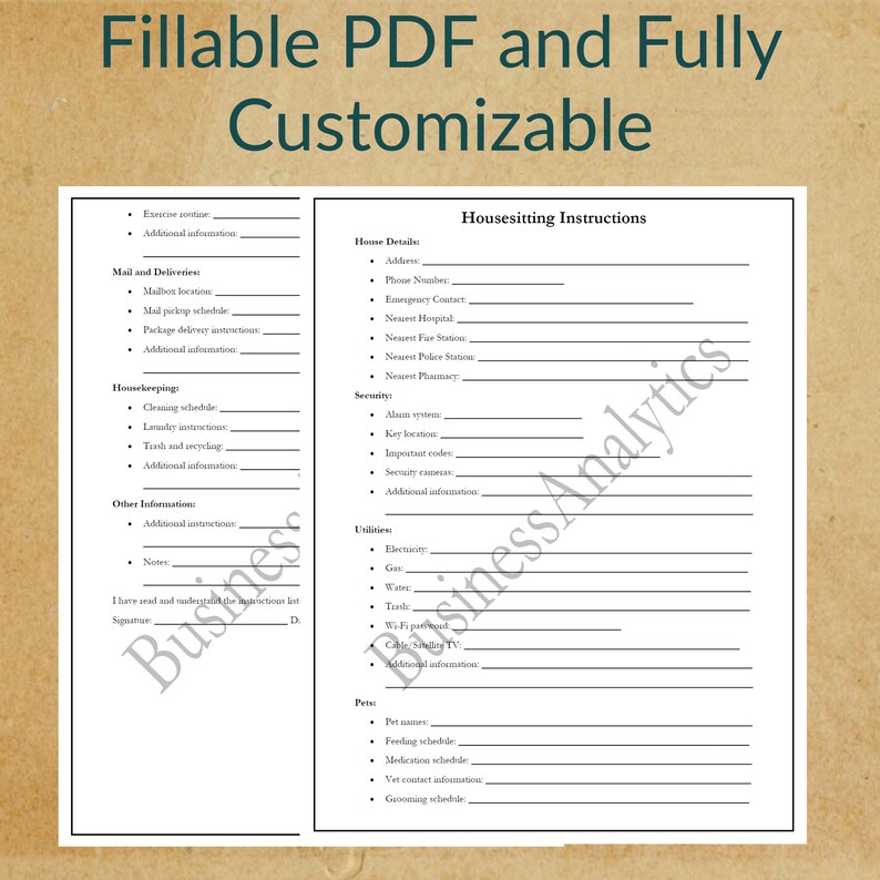 Housesitting Instructions Form | Printable PDF | Fillable | Digital ...