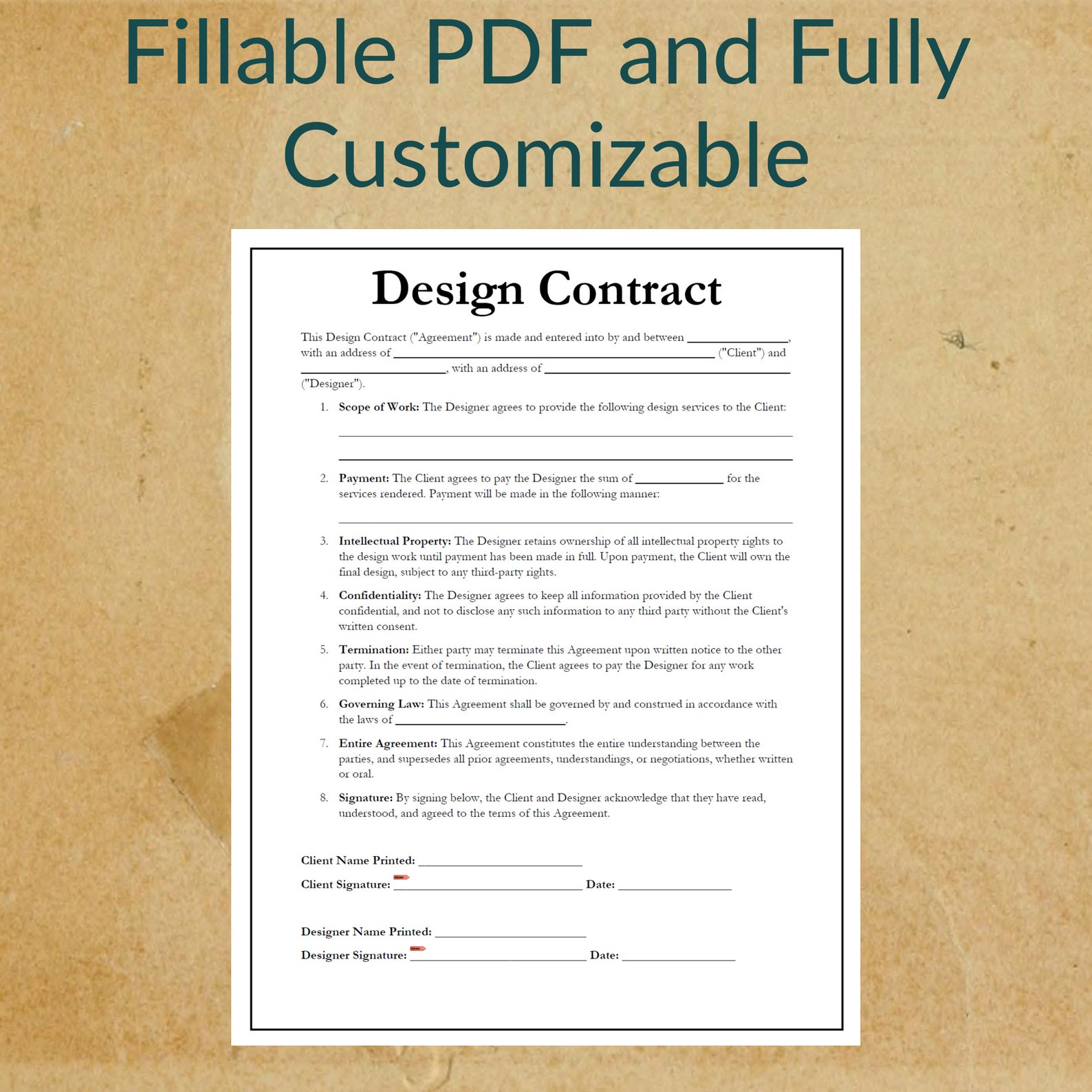 Design Contract Form Template Printable Fillable PDF Digital Download ...