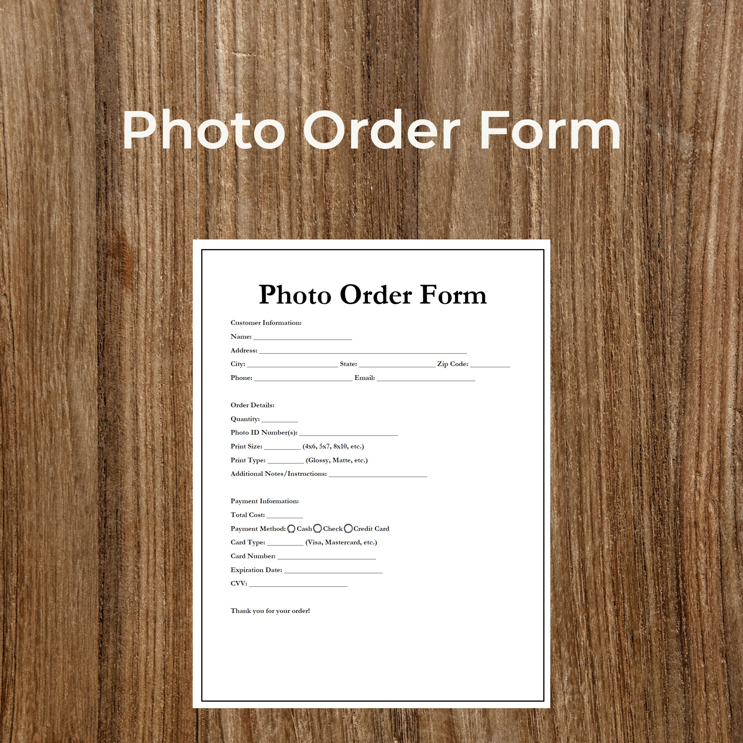 Photo Order Form for Professional Photographers | Printable | Fillable ...