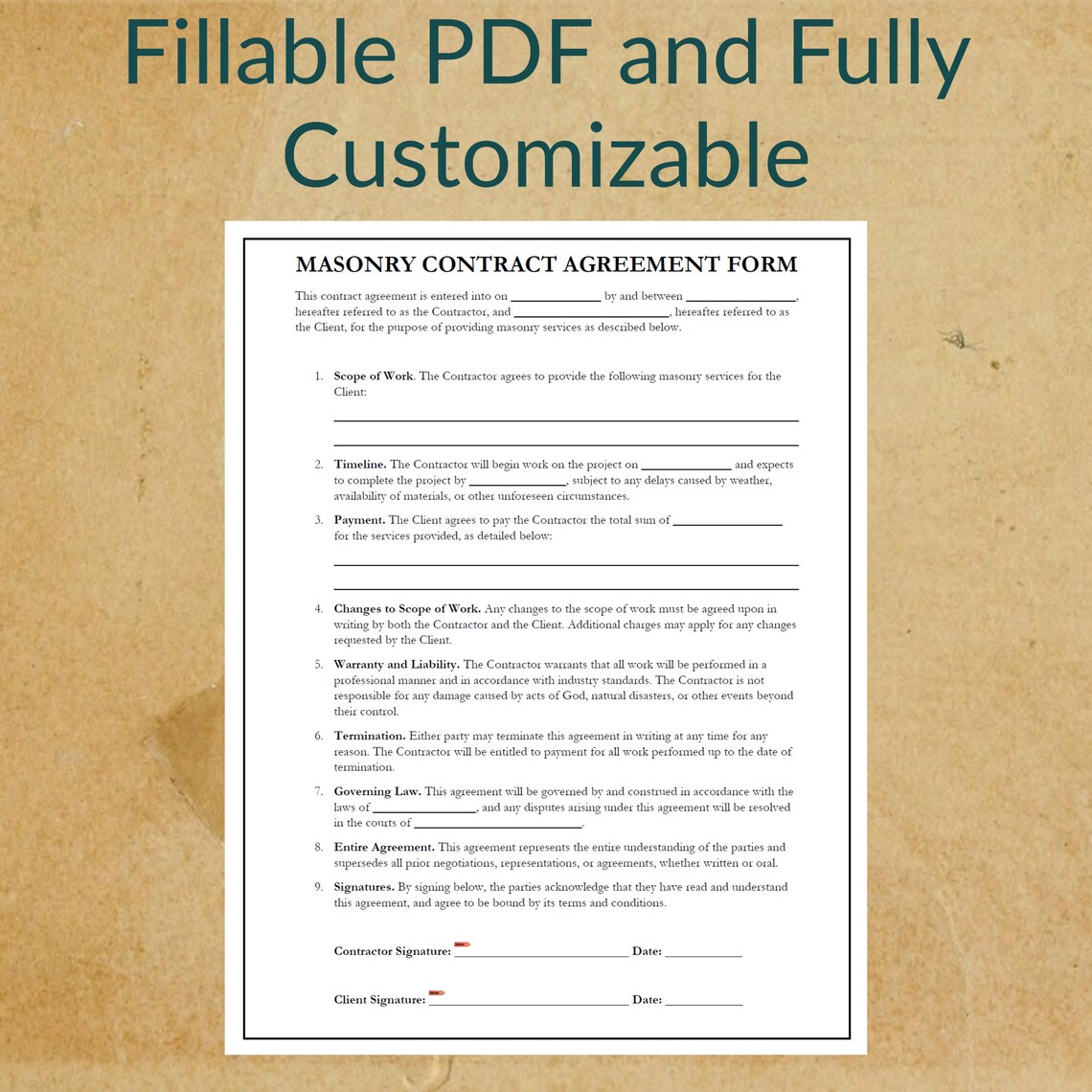 Masonry Contract Form for Contractors | Printable | Fillable | PDF ...