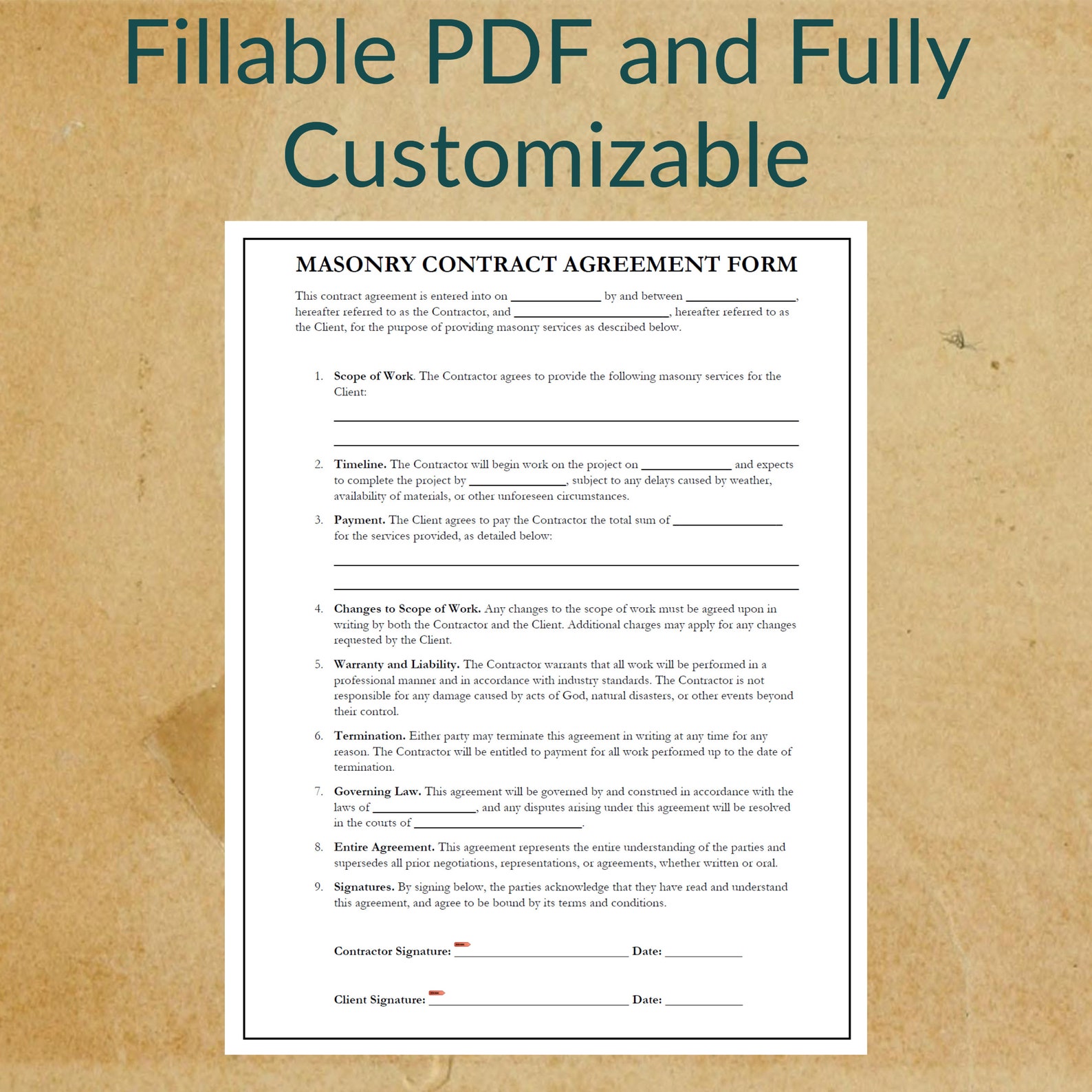 Masonry Contract Form for Contractors | Fillable, Printable (PDF) - Etsy