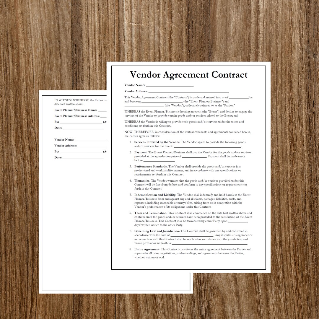 Vendor Agreement Contract Form Fillable Template for Event - Etsy