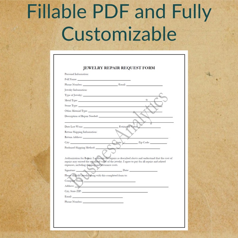 Jewelry Repair Request Form | Printable | Fillable | PDF | Digital ...