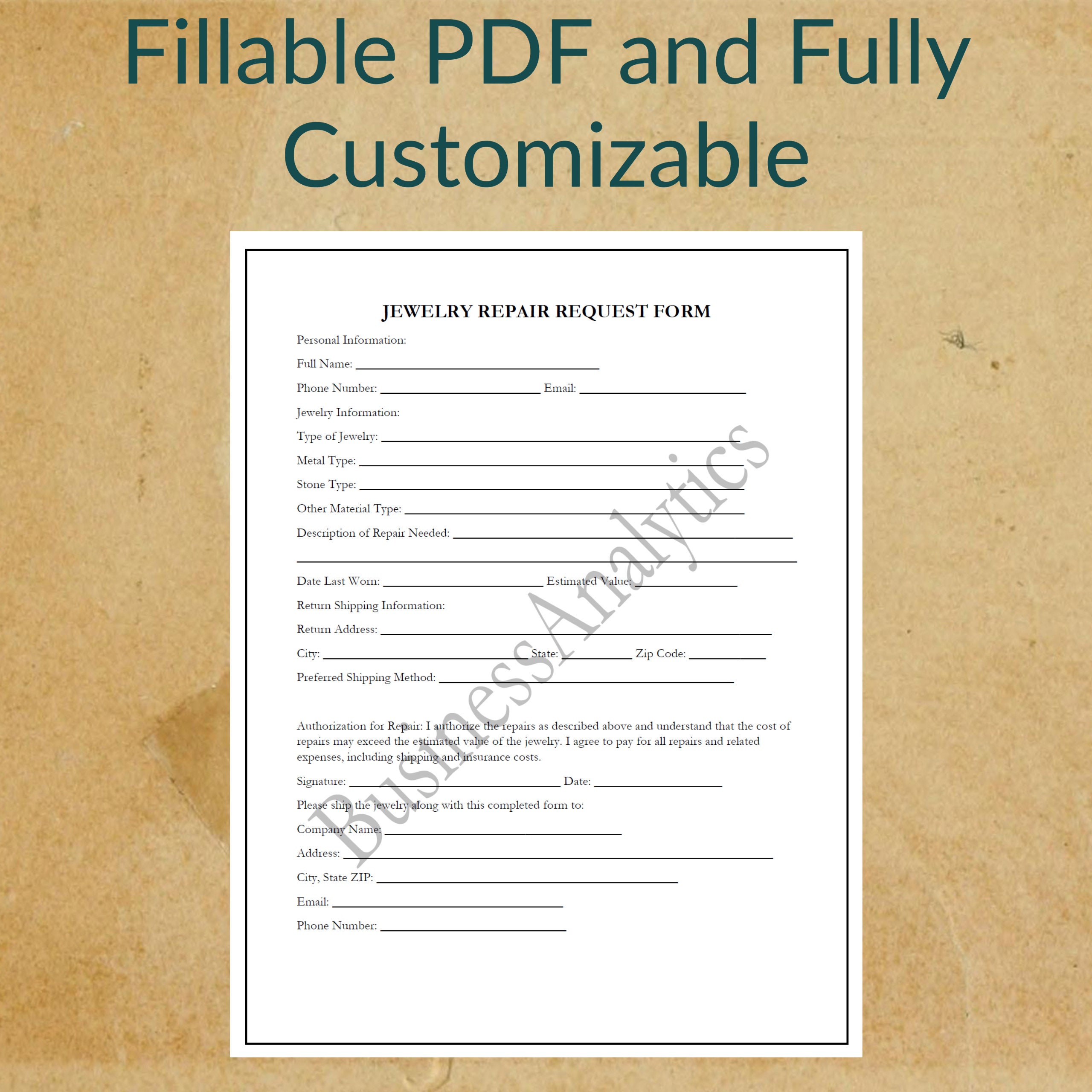 Jewelry Repair Request Form | Printable | Fillable | PDF | Digital ...