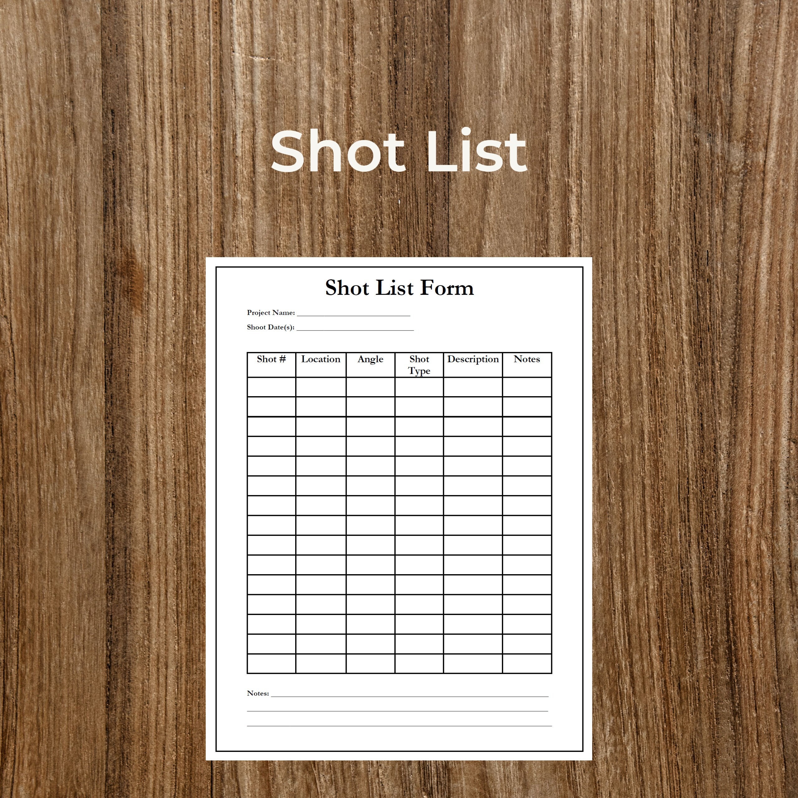 Shot List Template for Photographers and Filmmakers | Printable ...