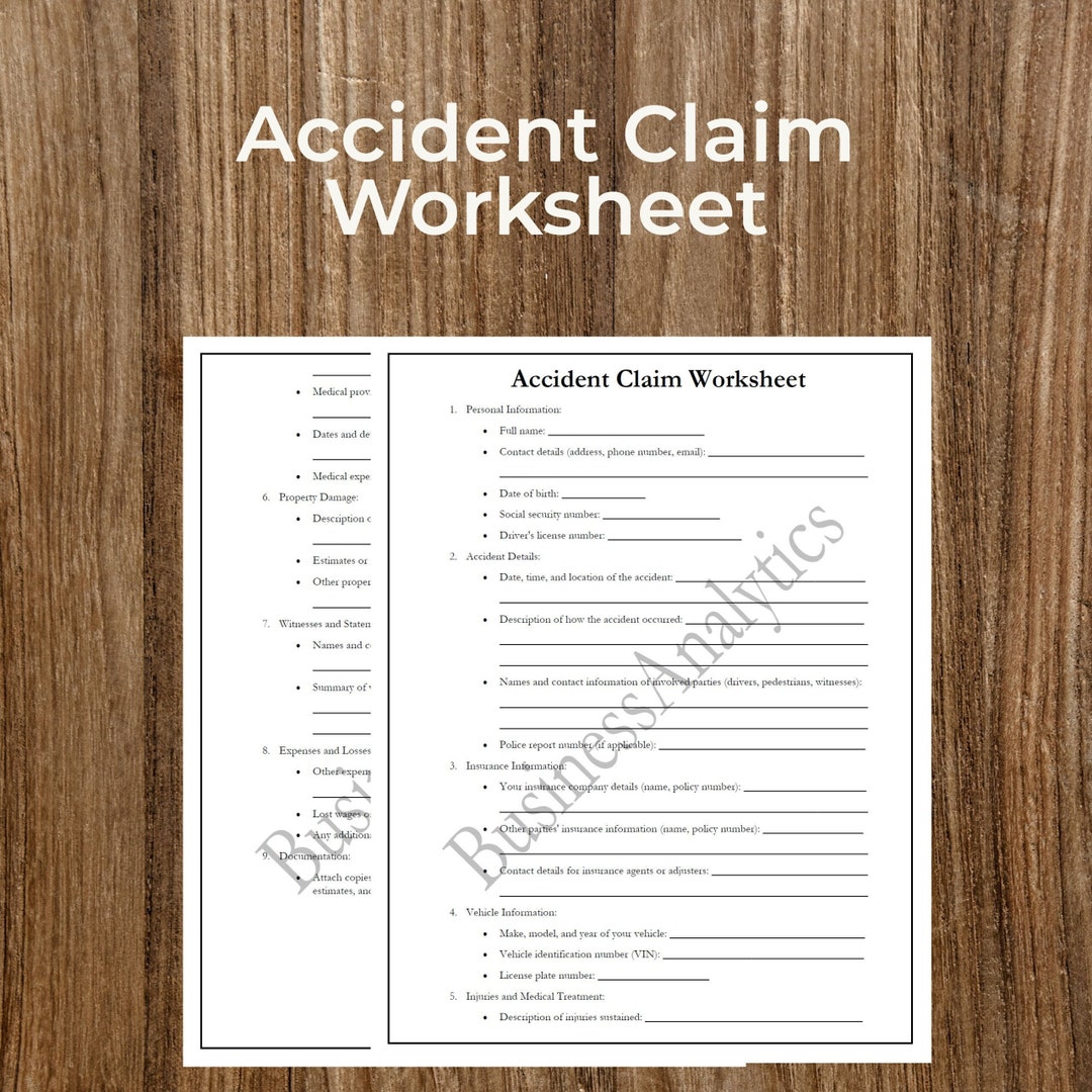 Accident Claim Worksheet - Organize Your Insurance Claim | Printable ...
