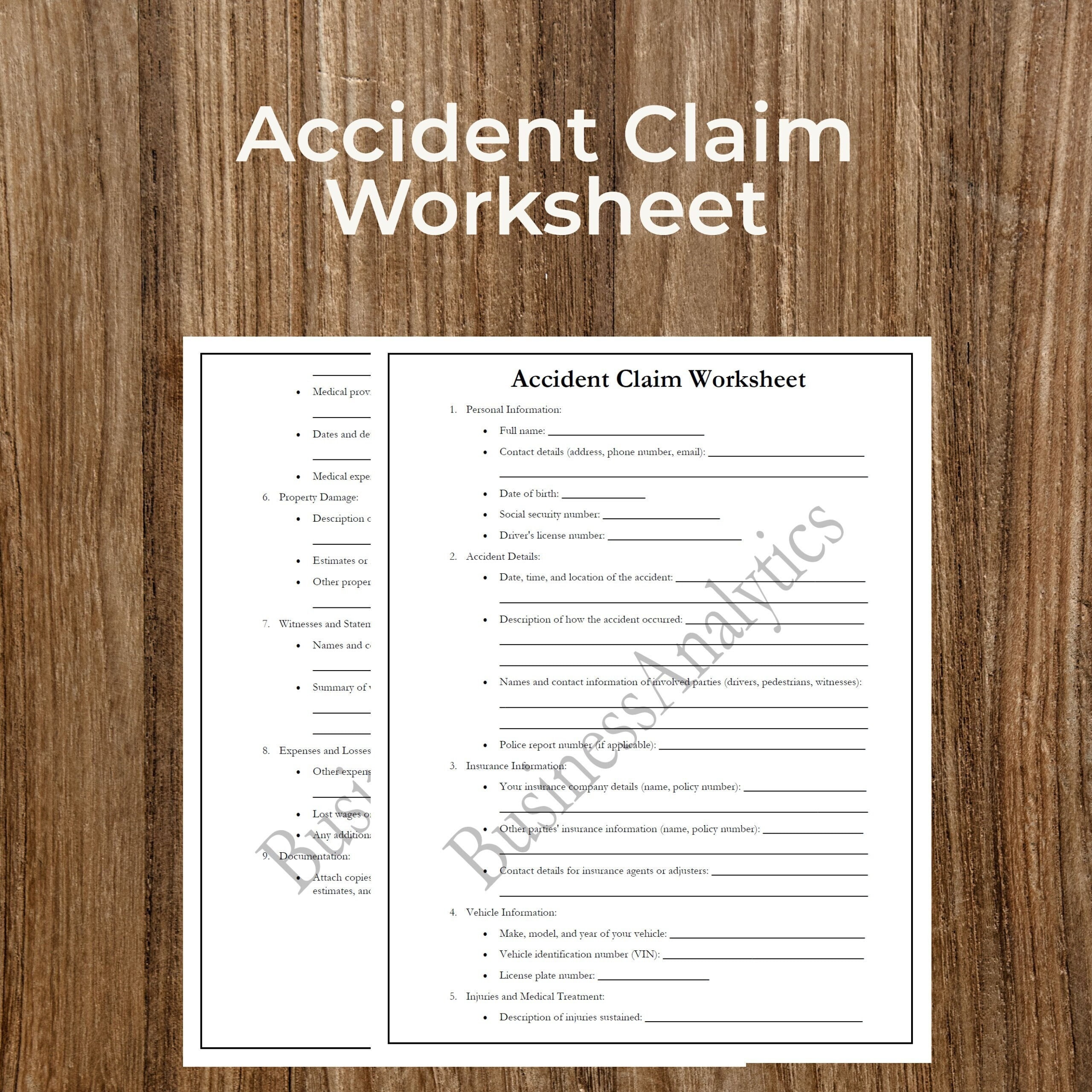 Accident Claim Worksheet Organize Your Insurance Claim Printable ...