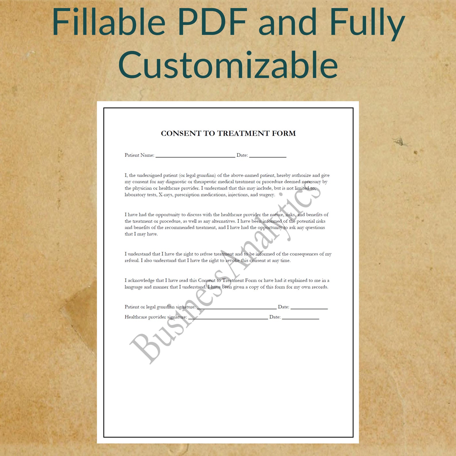 Consent to Treatment Form | Printable | PDF | Fillable | Medical ...