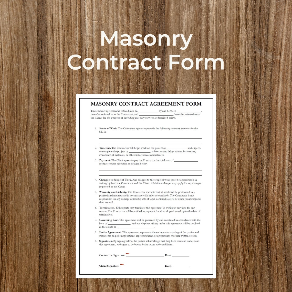 Masonry Contract Form for Contractors | Printable | Fillable | PDF ...