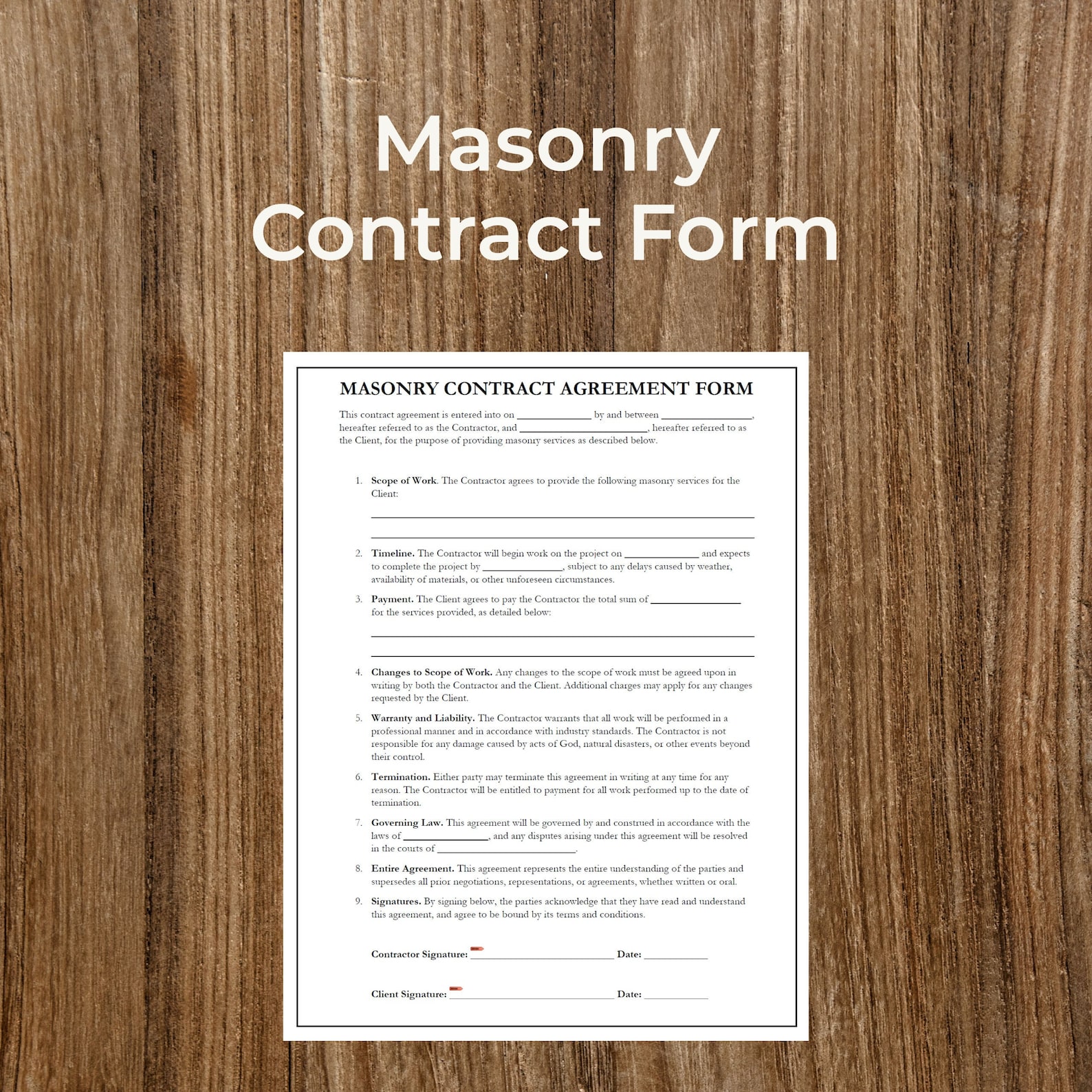 Masonry Contract Form for Contractors | Printable | Fillable | PDF ...