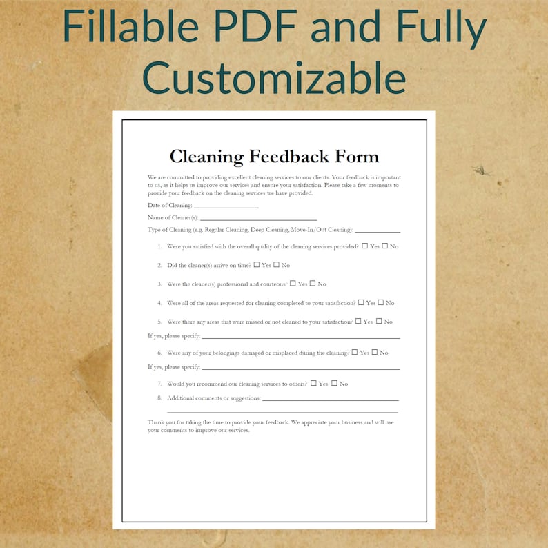 Cleaning Feedback Form | Printable | Fillable | PDF | Digital Download ...