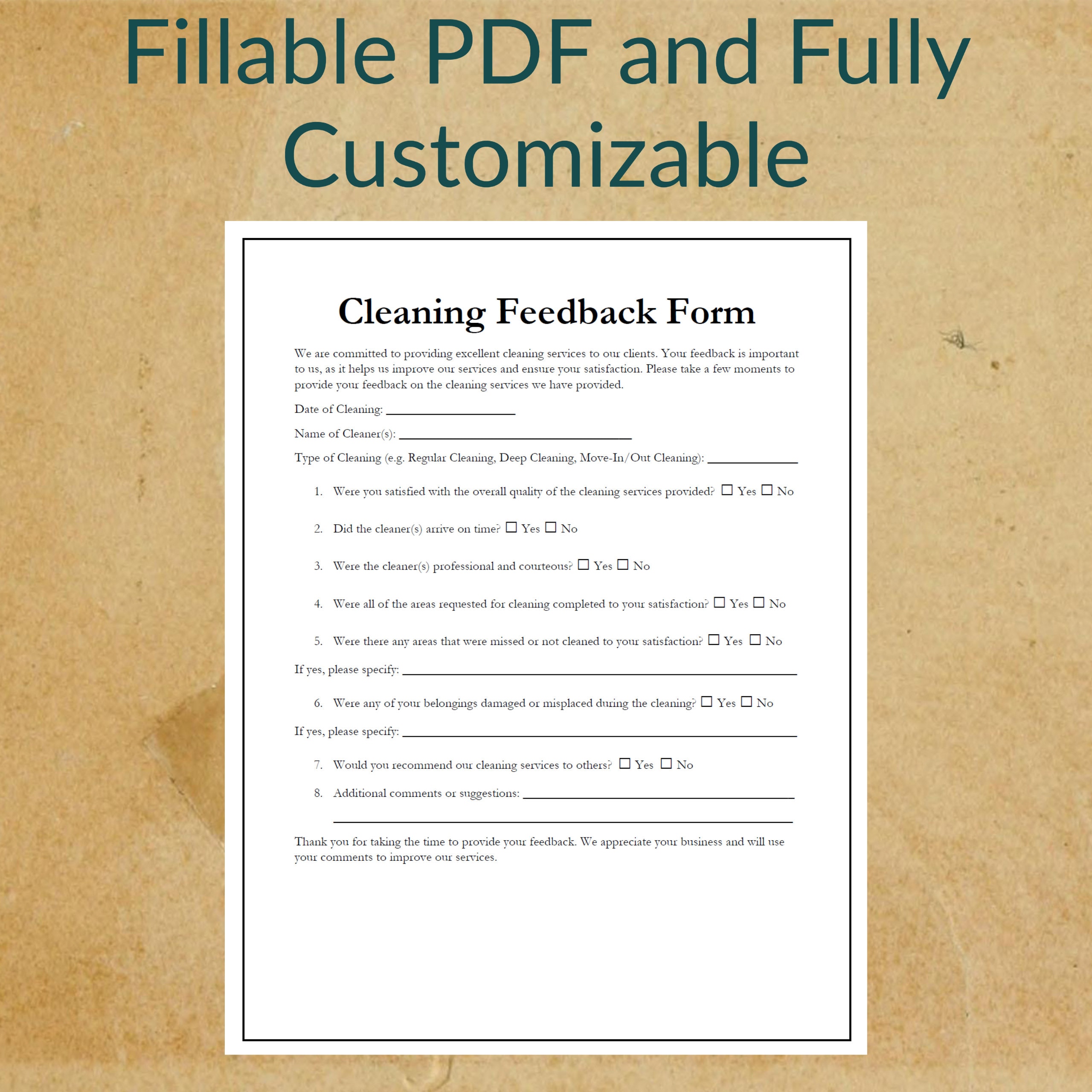 Cleaning Feedback Form | Printable | Fillable | PDF | Digital Download ...