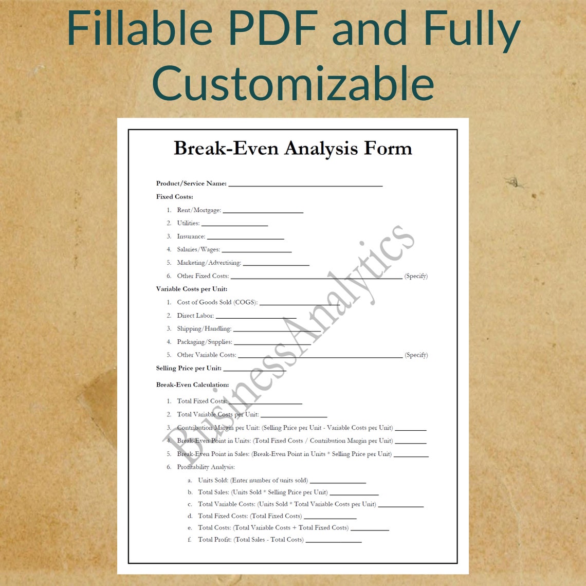 Break-even Analysis Form | Excel & PDF | Automatic Calculations and ...