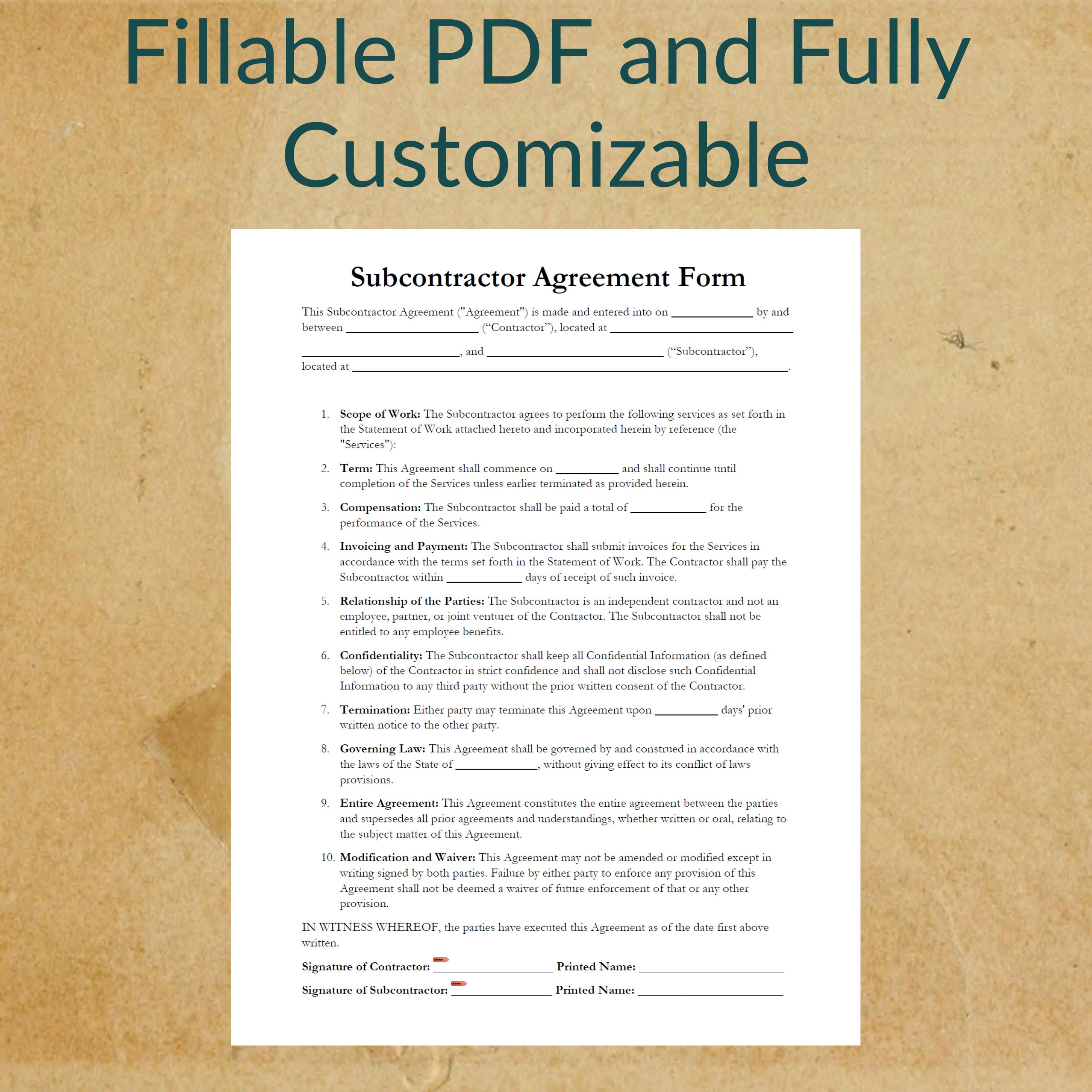 Subcontractor Agreement Form Template | Printable | Fillable | PDF ...