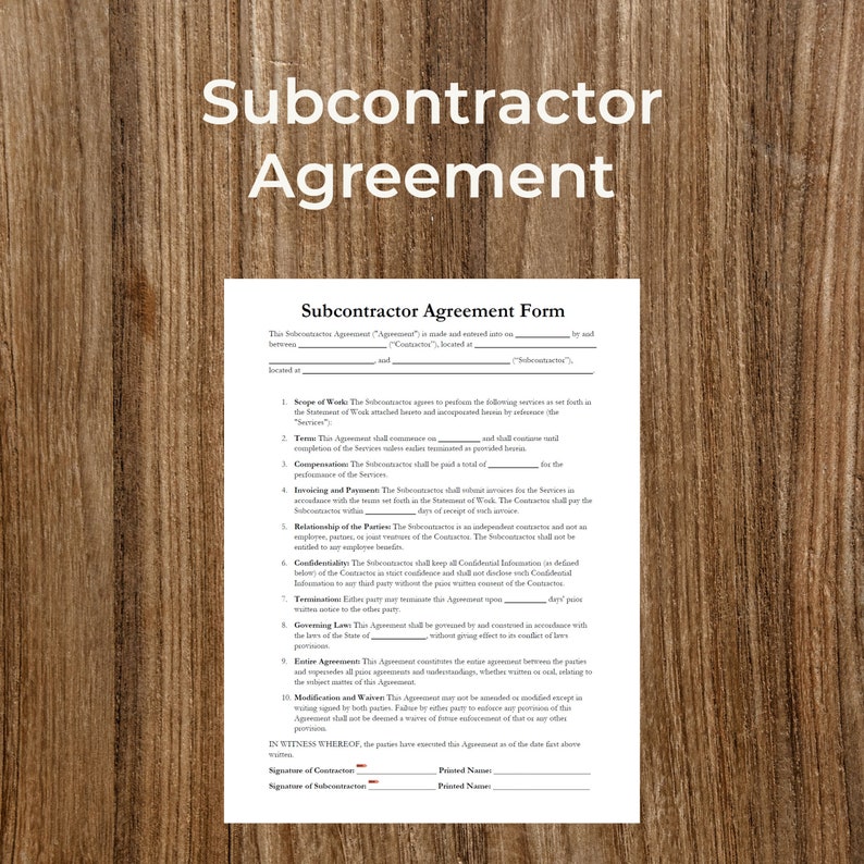 Subcontractor Agreement Form Template | Printable | Fillable | PDF ...