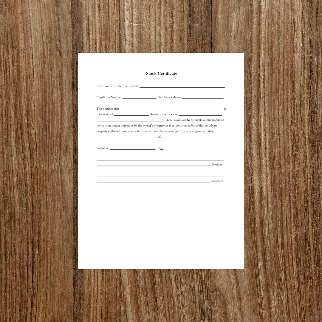 Stock Certificate PDF Form Fillable Printer Friendly - Etsy