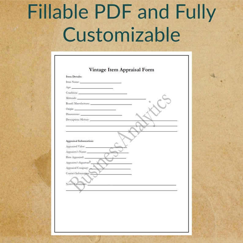 Vintage Item Appraisal Form for Professional Appraisers | Printable ...