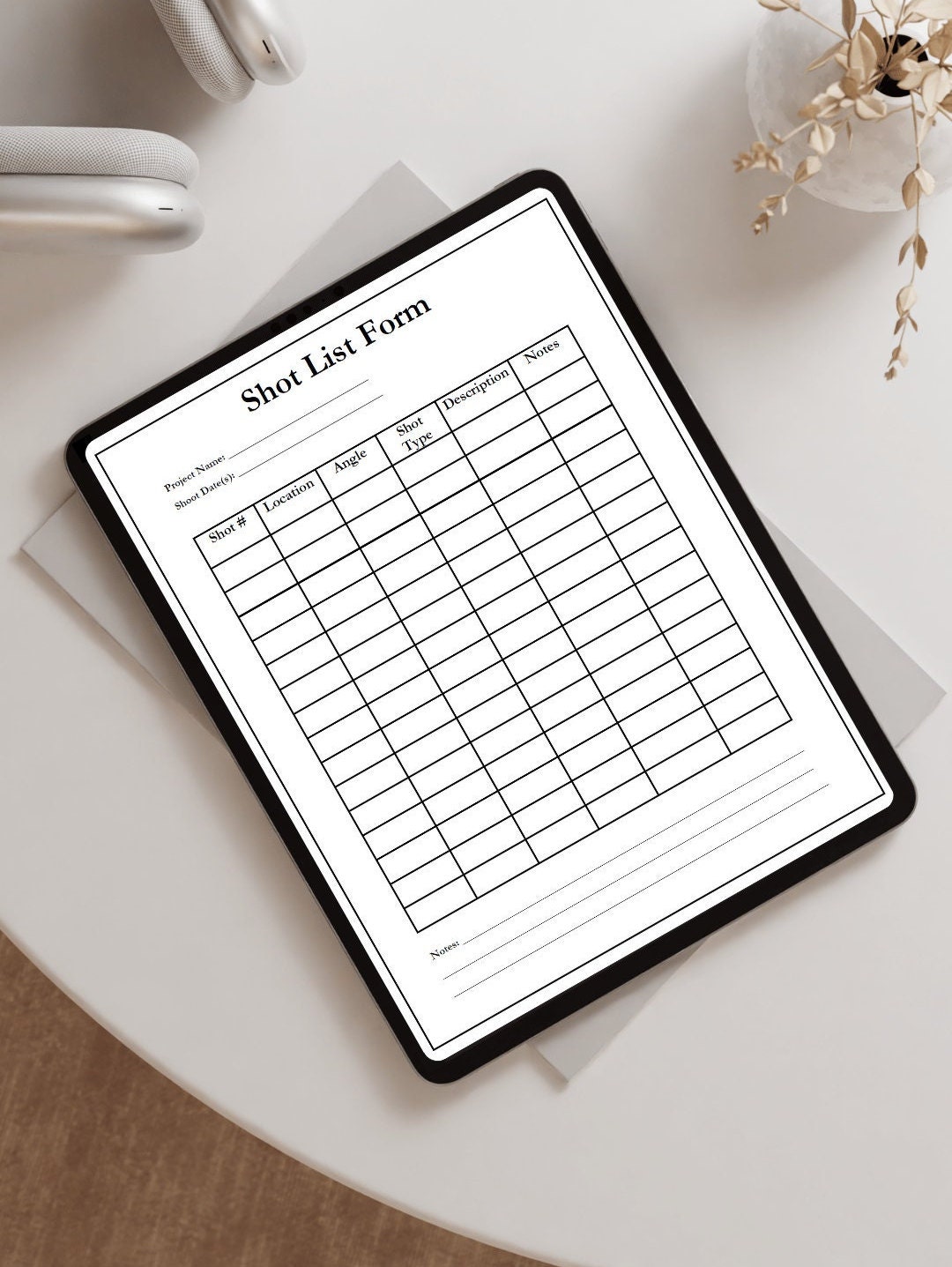 Shot List Template for Photographers and Filmmakers | Printable ...