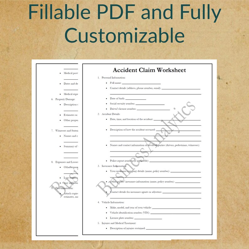 Accident Claim Worksheet Organize Your Insurance Claim Printable ...