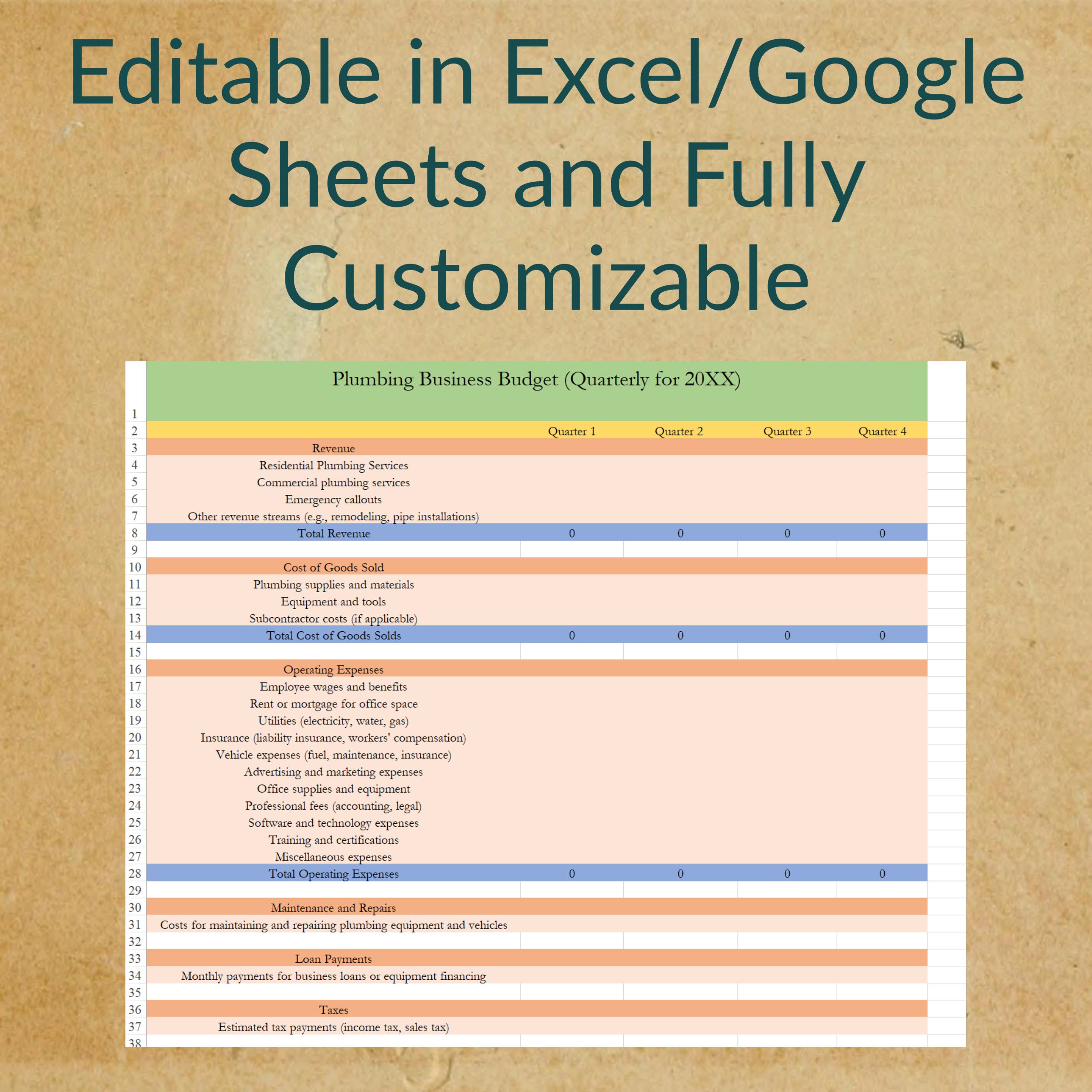Plumbing Business Budget Spreadsheet | Excel | Google Sheets | Business ...