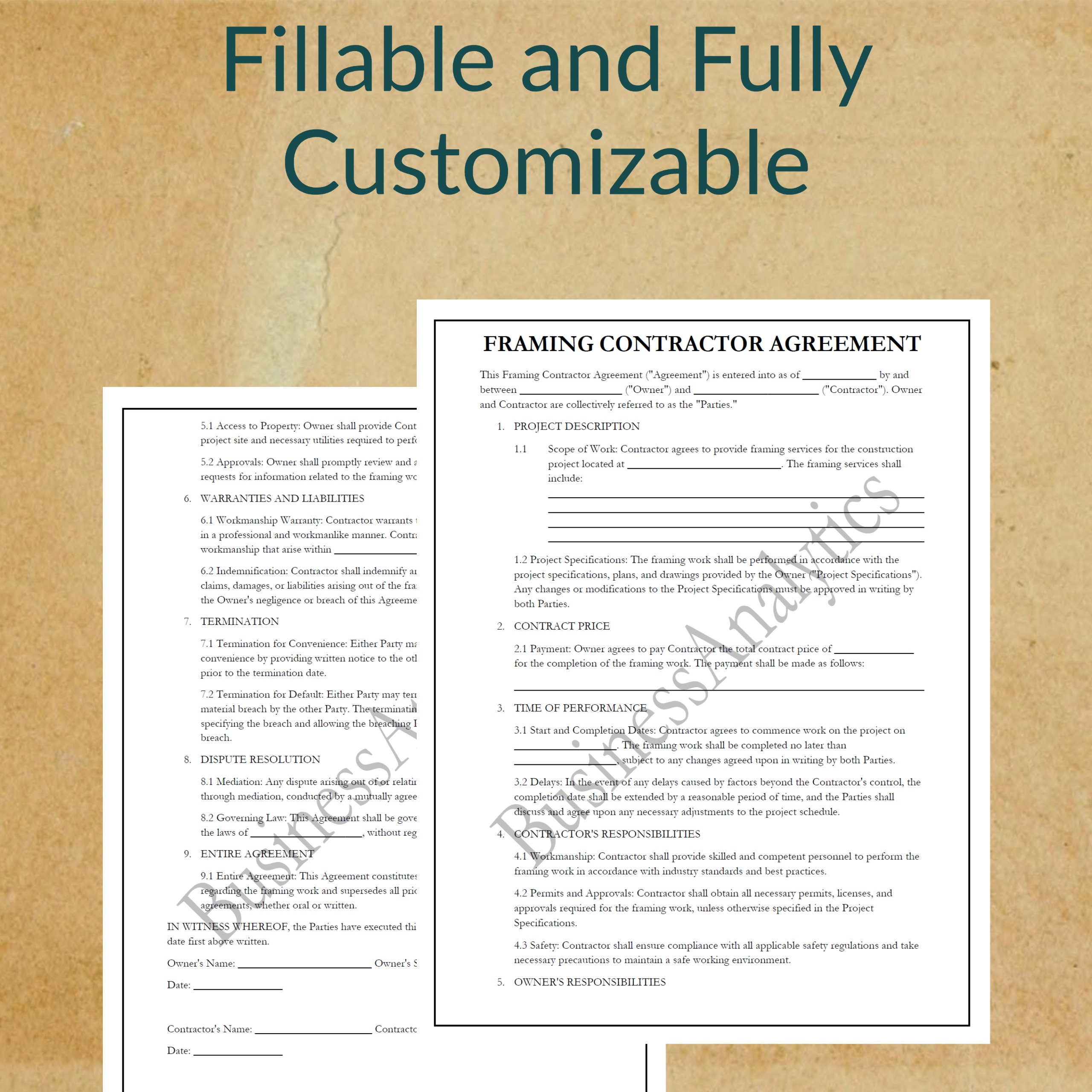 Framing Contractor Agreement Template | Contractor Forms | Printable ...