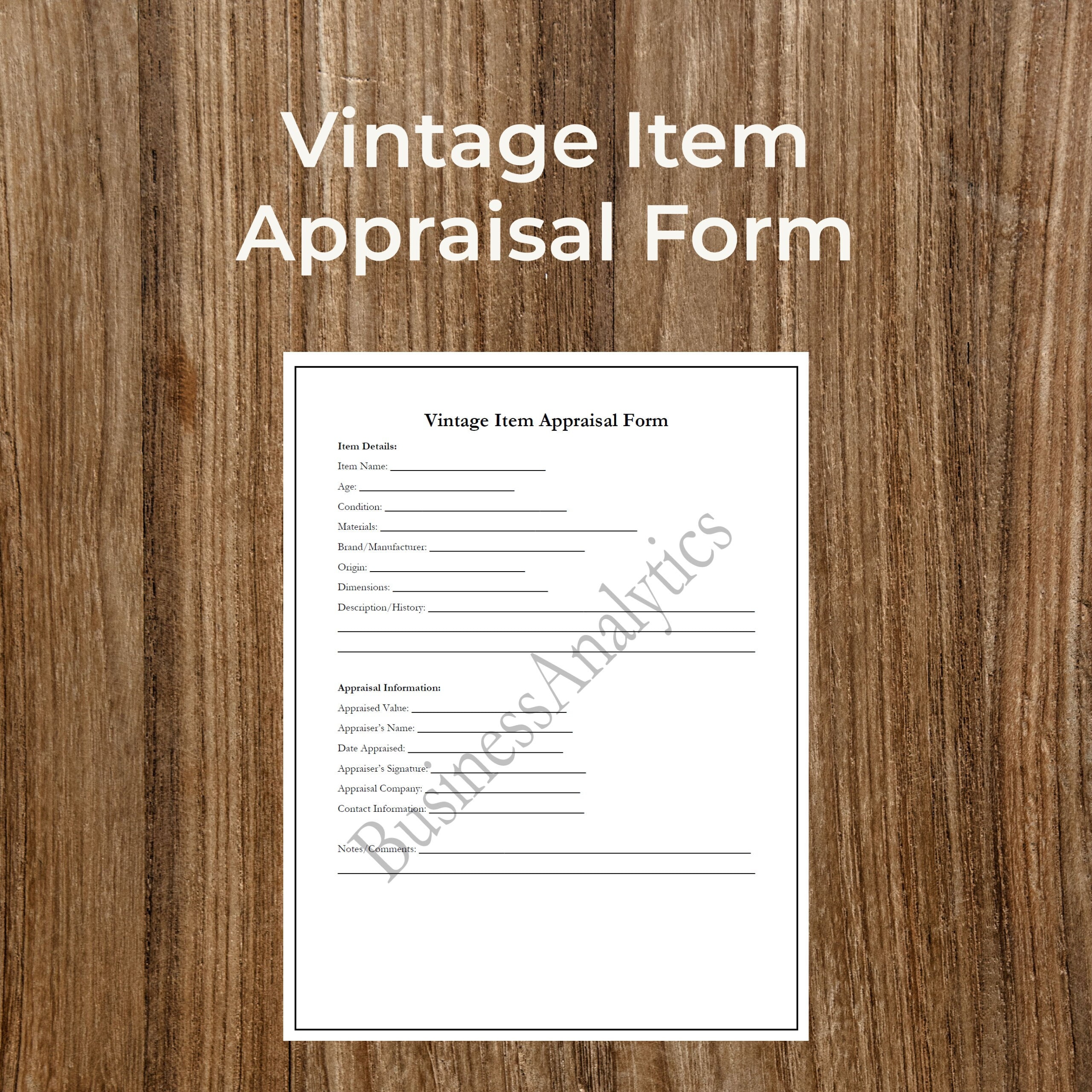Vintage Item Appraisal Form for Professional Appraisers | Printable ...