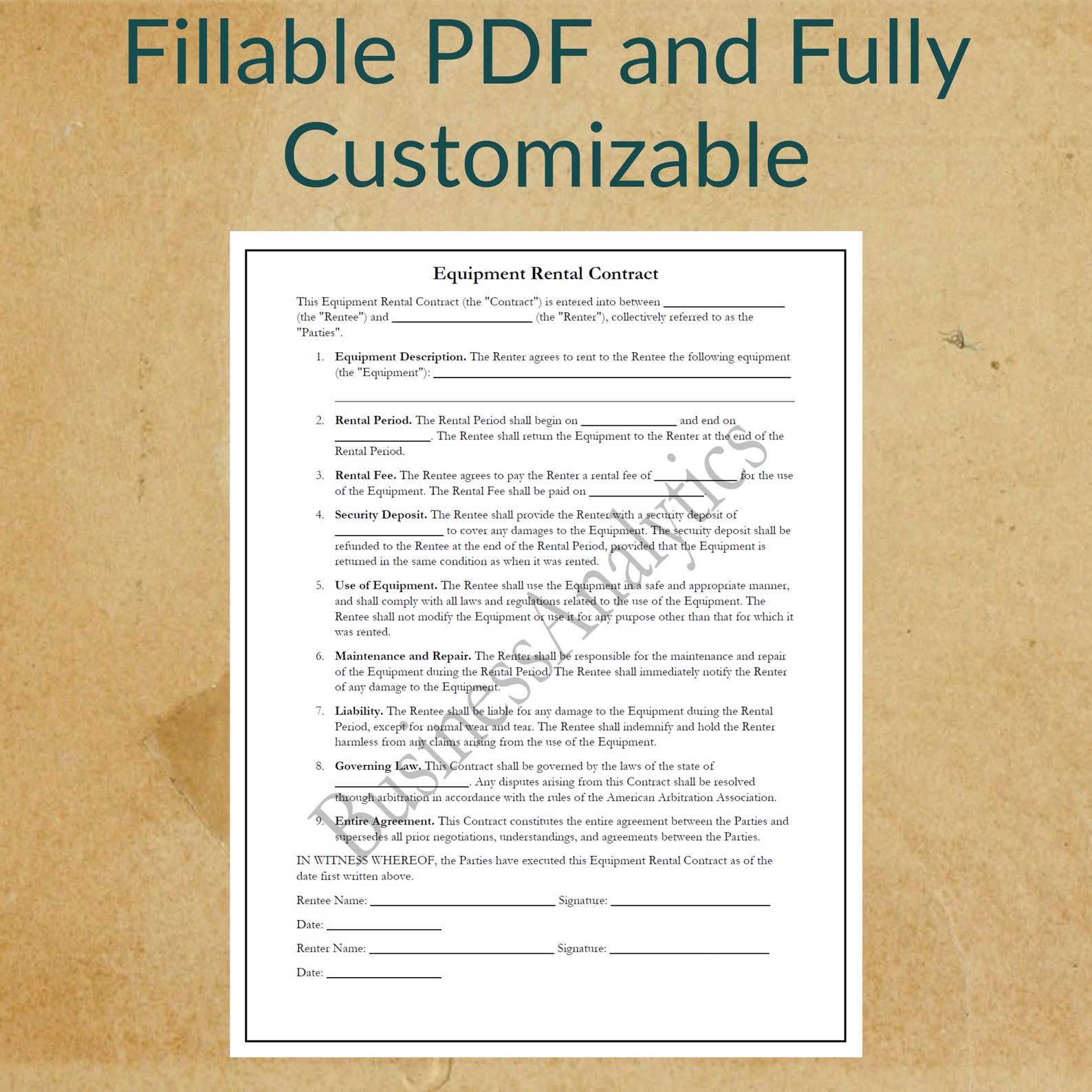 Equipment Rental Contract | Printable | Fillable | PDF | Digital ...