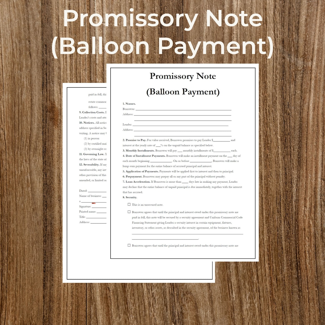 Promissory Note Balloon Payment Form | Printable | Fillable | PDF ...
