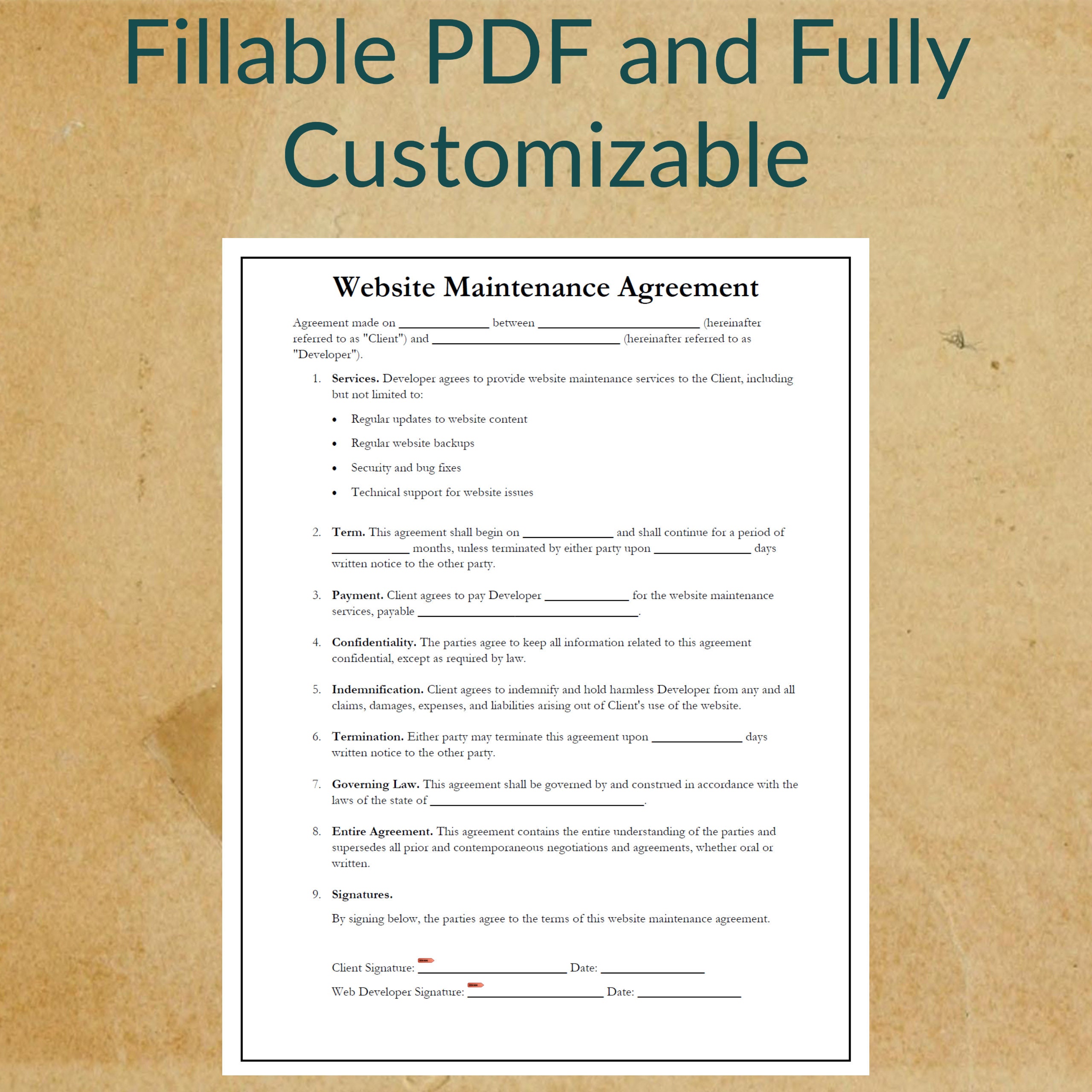 Website Maintenance Agreement Form Template | Printable | Fillable ...