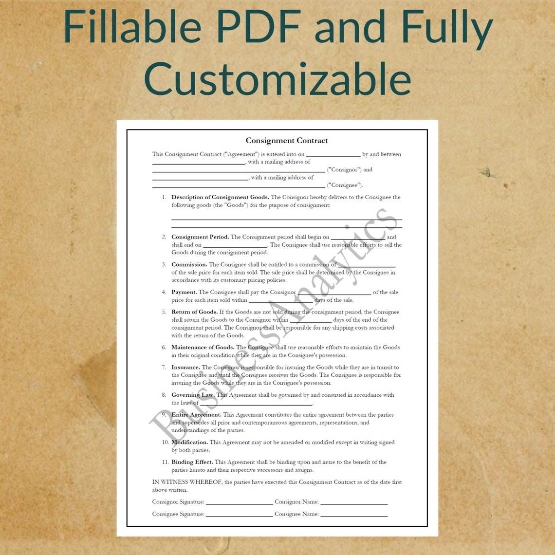 Consignment Contract Form for Small Business Owners Printable Fillable ...