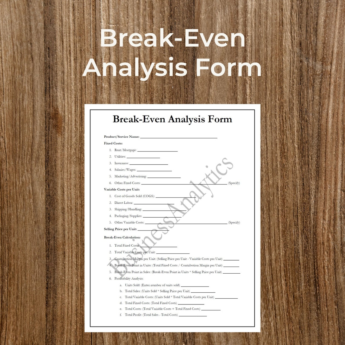 Break-even Analysis Form | Excel & PDF | Automatic Calculations and ...