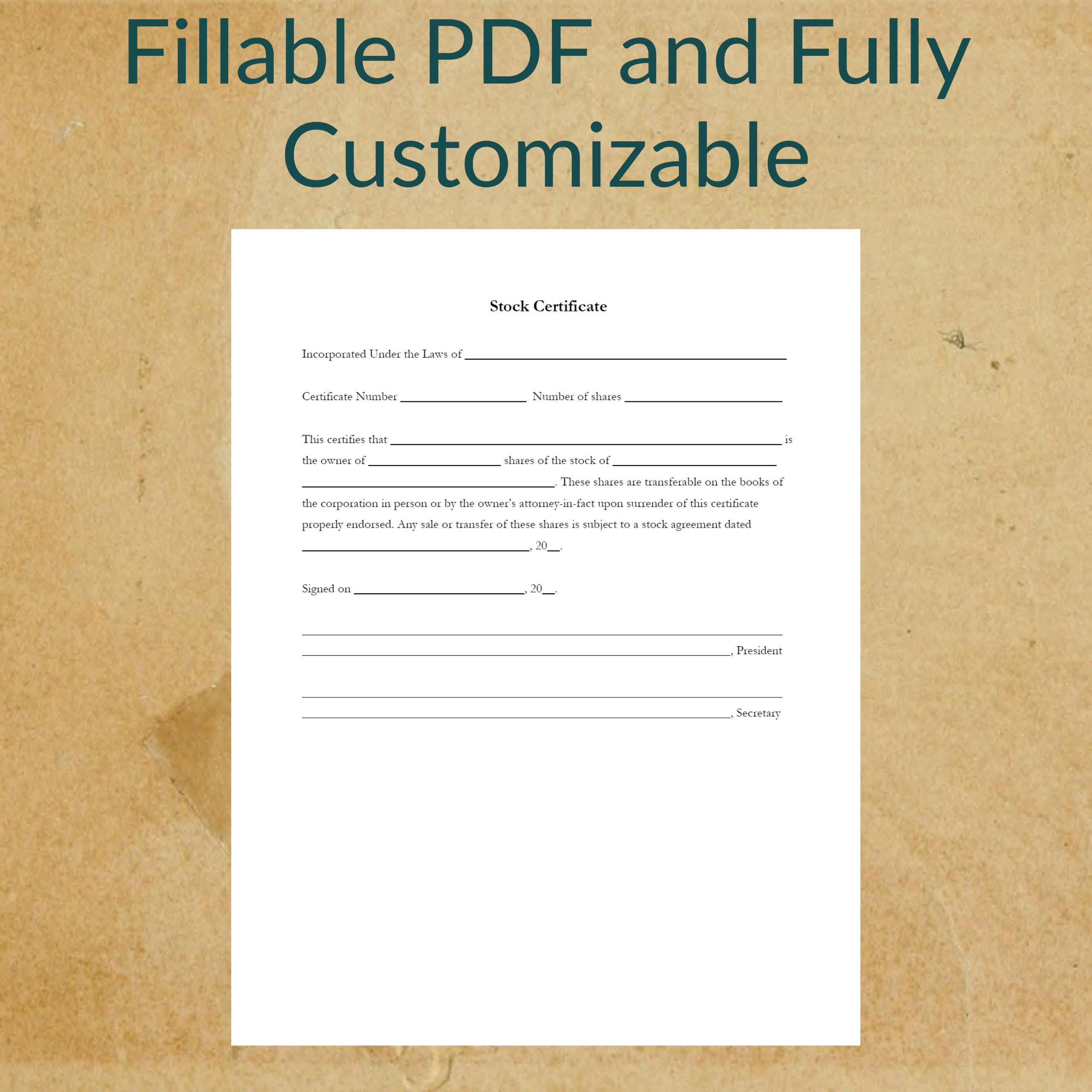 Stock Certificate | PDF | Form Fillable | Printer Friendly | Business ...