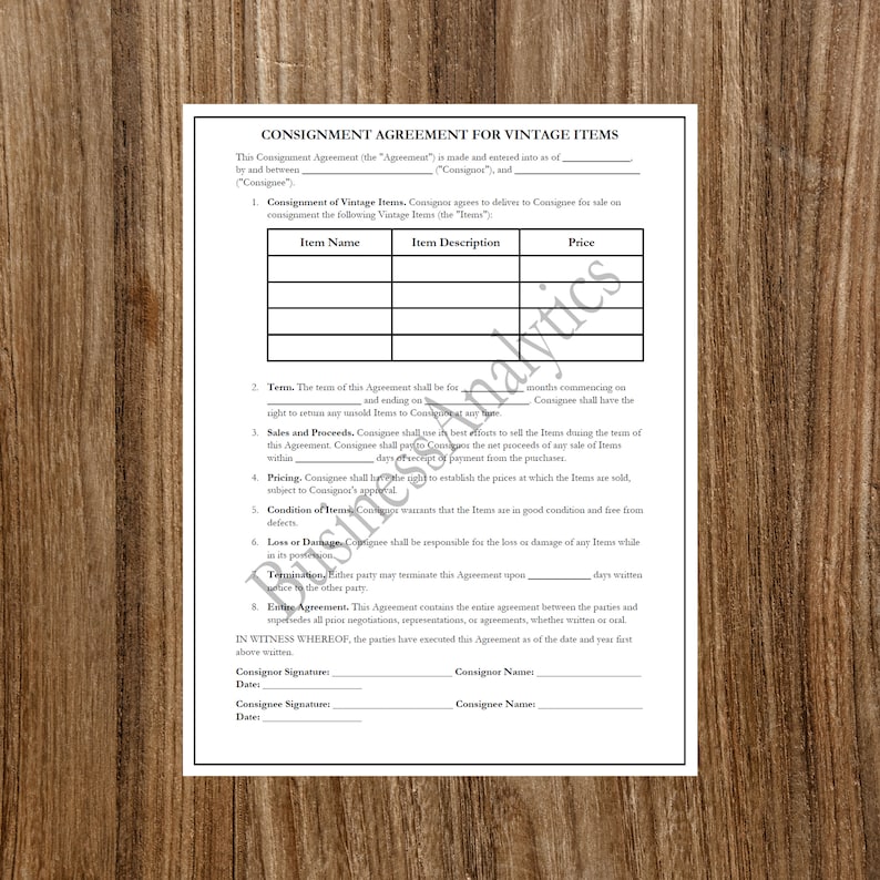 Vintage Consignment Agreement Form for Antique Dealers - Etsy