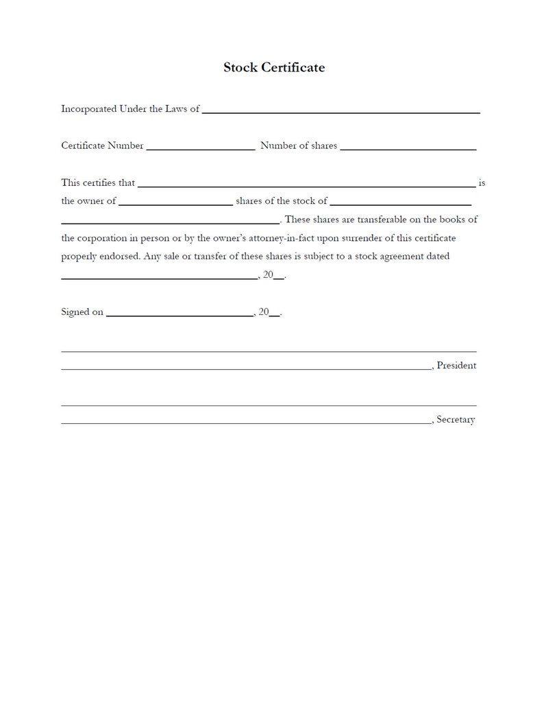 Stock Certificate PDF Form Fillable Printer Friendly - Etsy