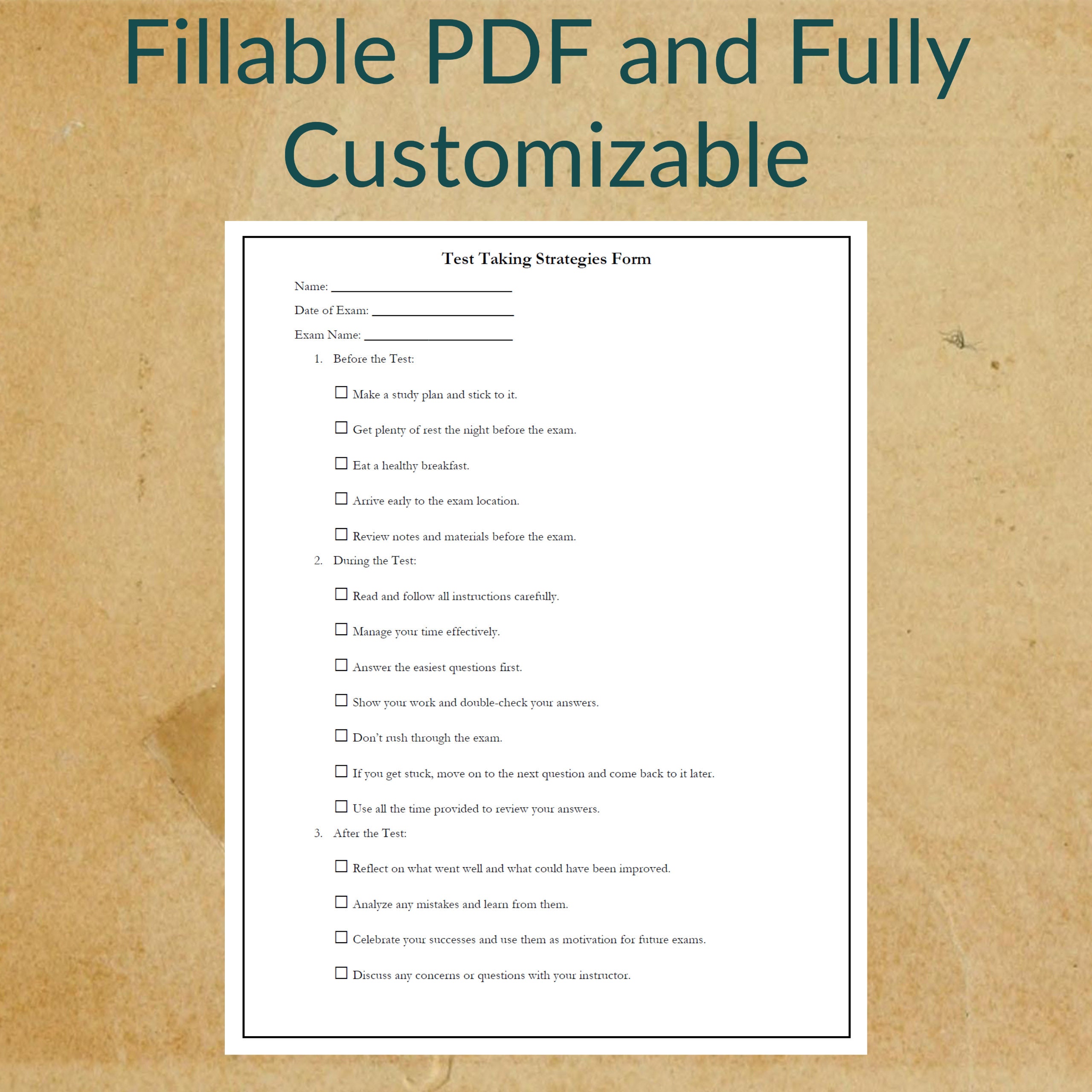 Test Taking Strategies Form | Printable, Fillable PDF (digital Download ...