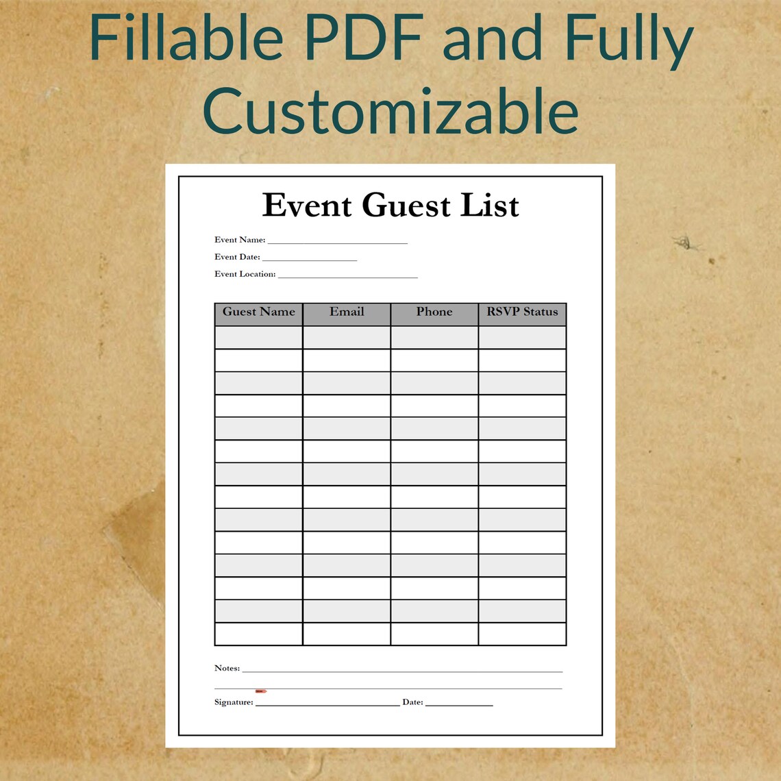 Event Guest List for Events | Printable | Fillable | PDF | Digital ...