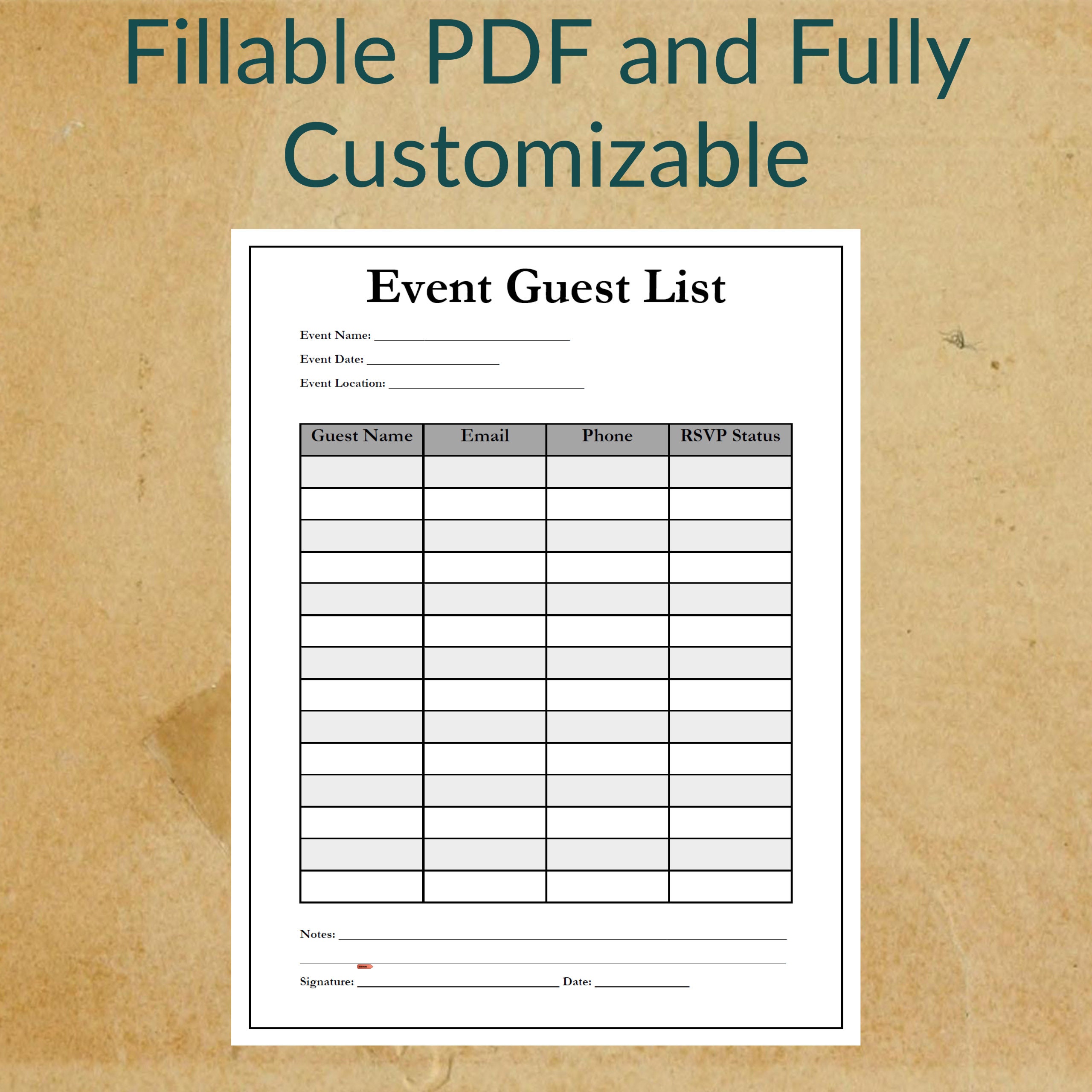 Event Guest List for Events | Printable | Fillable | PDF | Digital ...