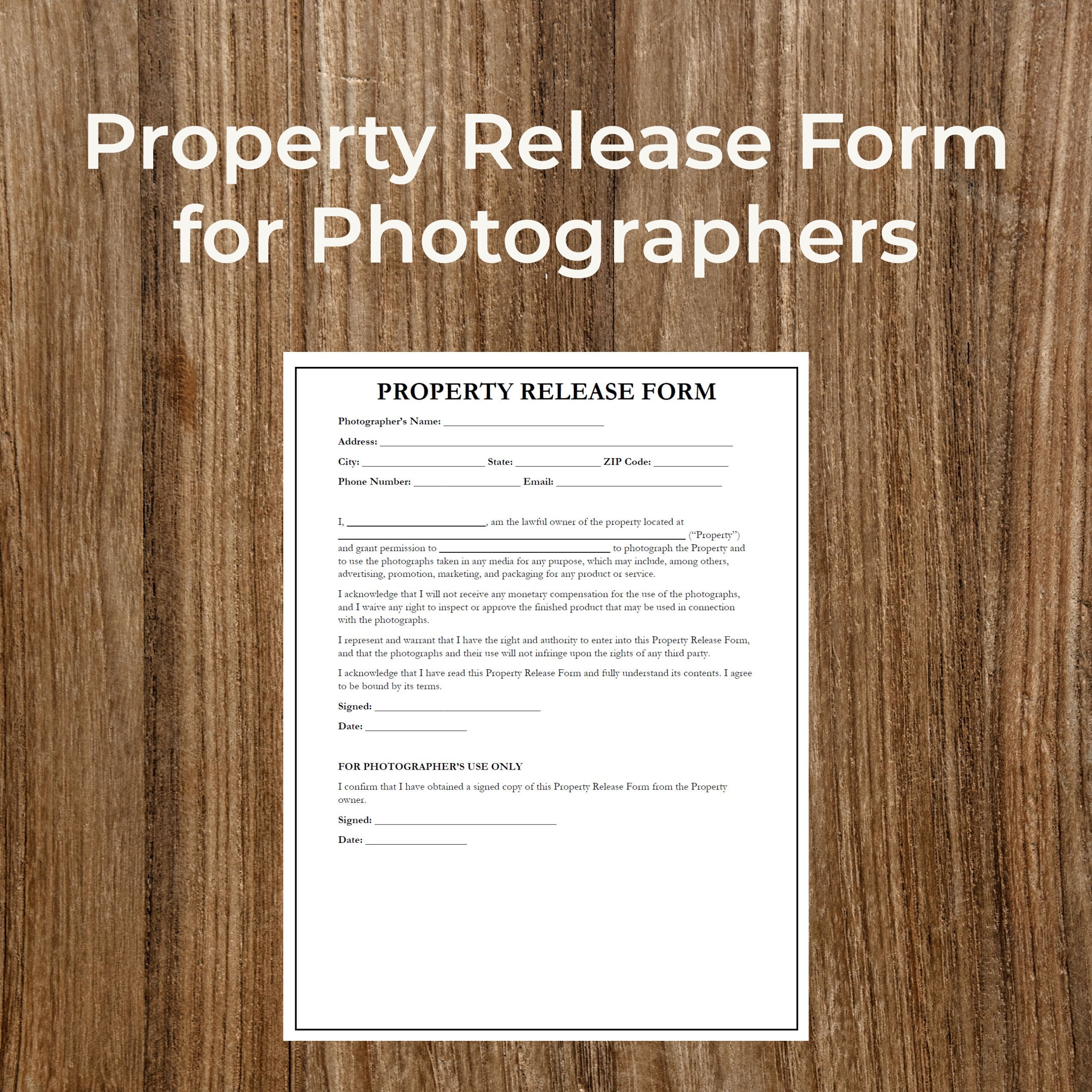 Property Release Form for Photographers | Printable | Fillable | PDF ...
