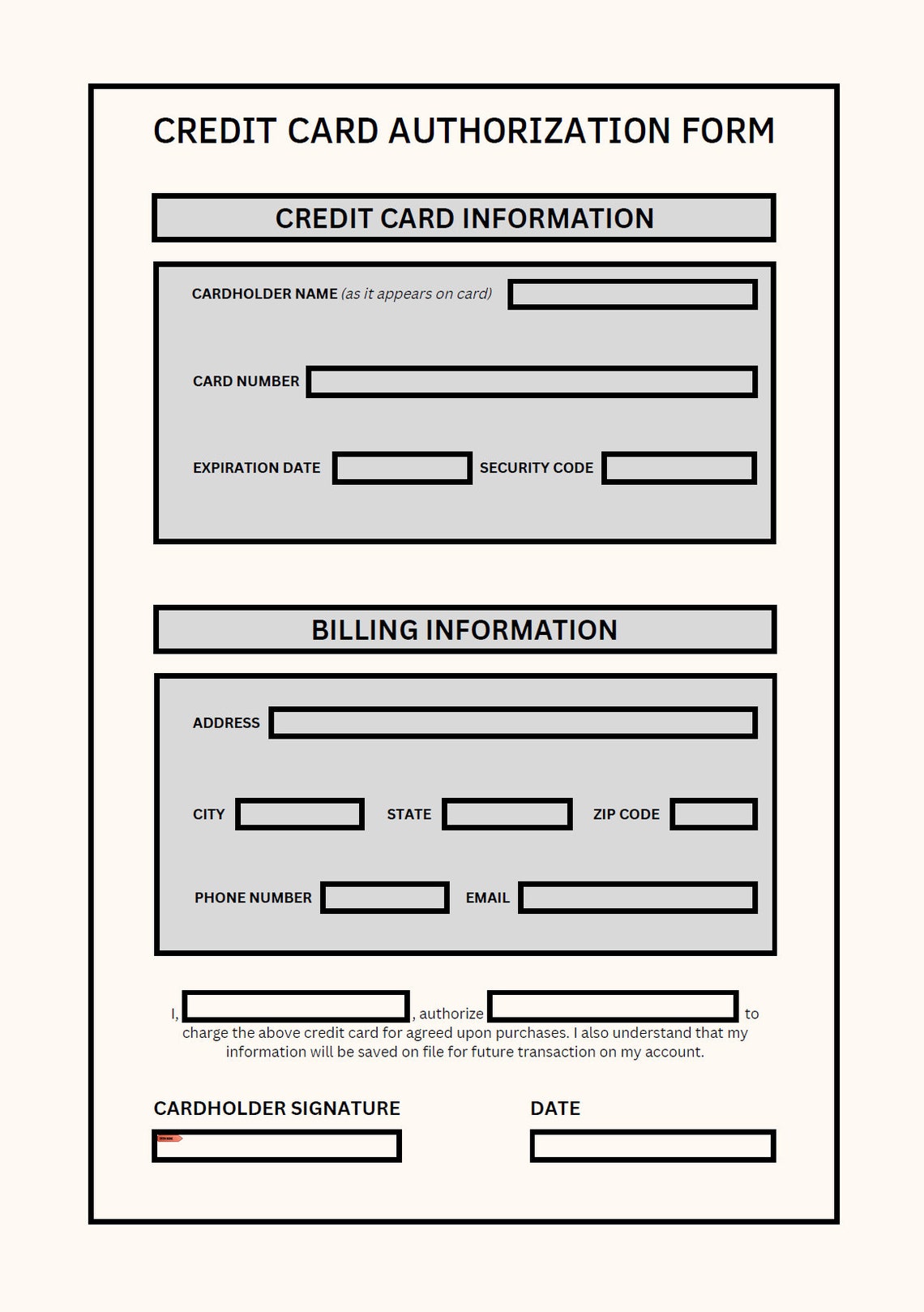 Credit Card Authorization Form PDF Form Fillable Printer - Etsy