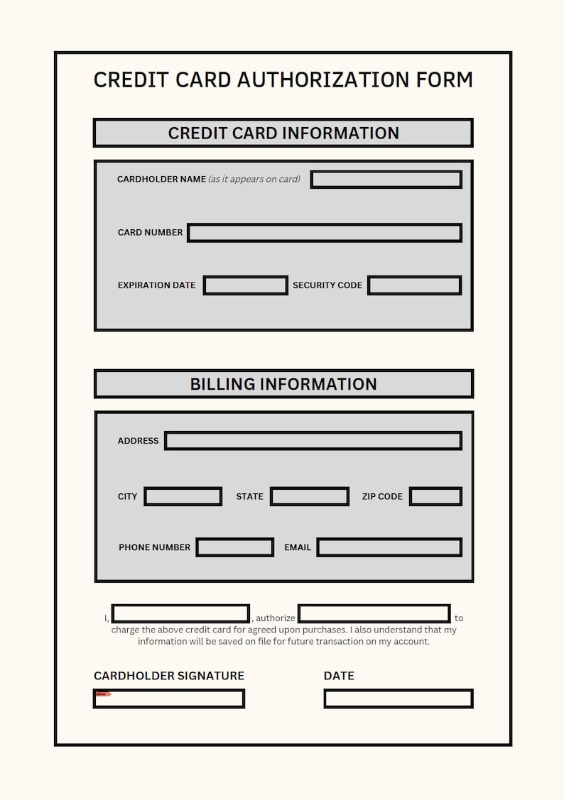 Credit Card Authorization Form PDF Form Fillable Printer - Etsy