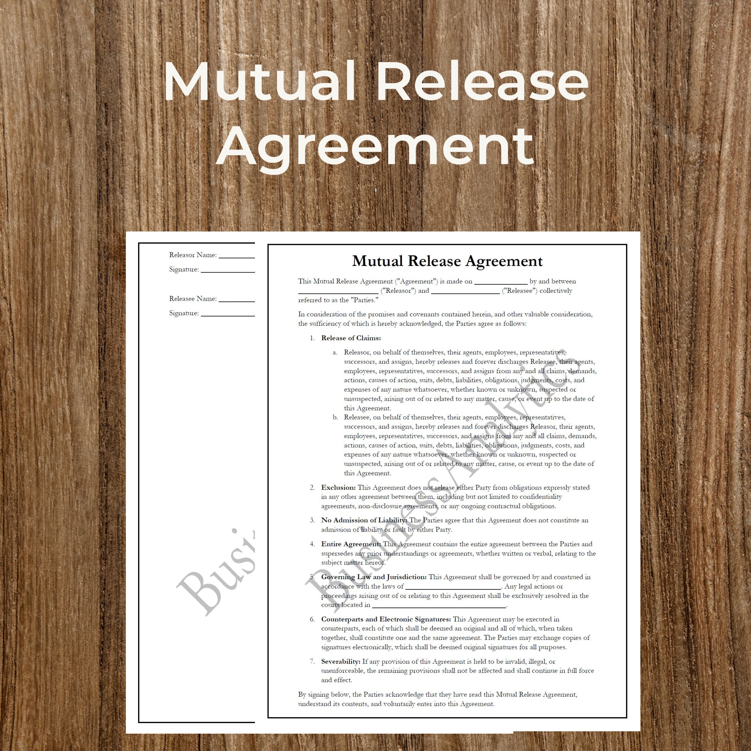 Mutual Release Agreement | Business Protection | Business Forms ...