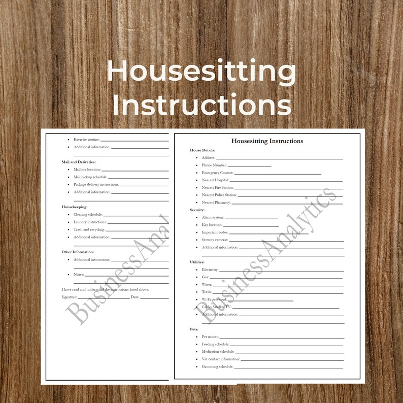 Housesitting Instructions Form | Printable PDF | Fillable | Digital ...