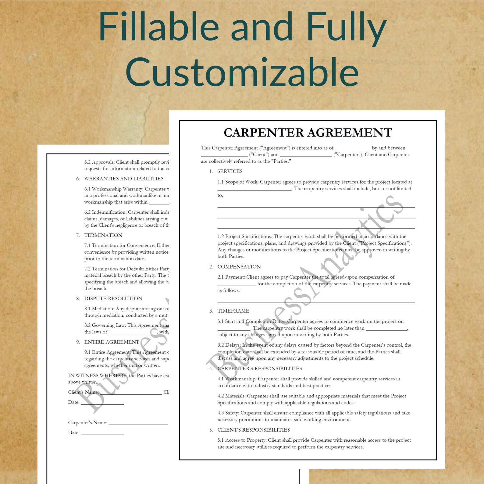 Carpenter Agreement Template | Contractor Forms | Business | Printable ...