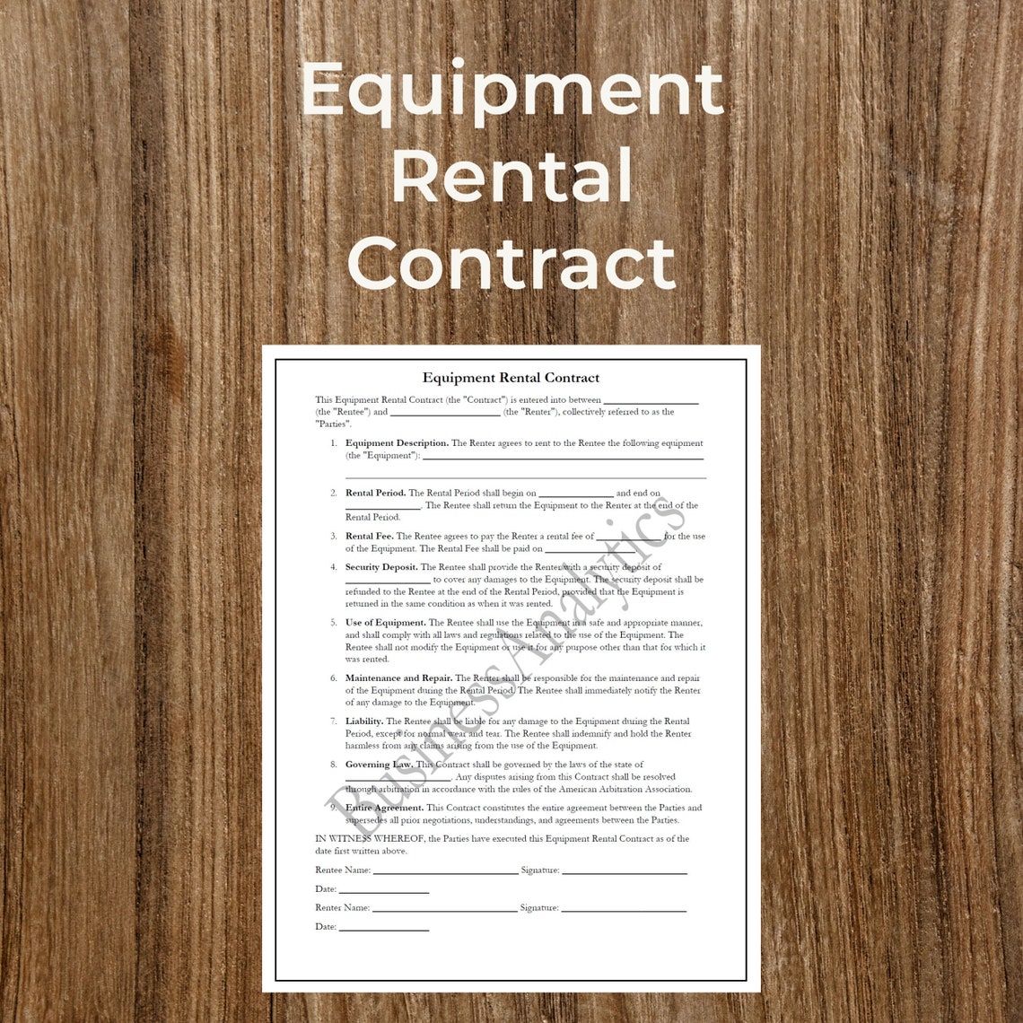 Equipment Rental Contract | Printable | Fillable | PDF | Digital ...