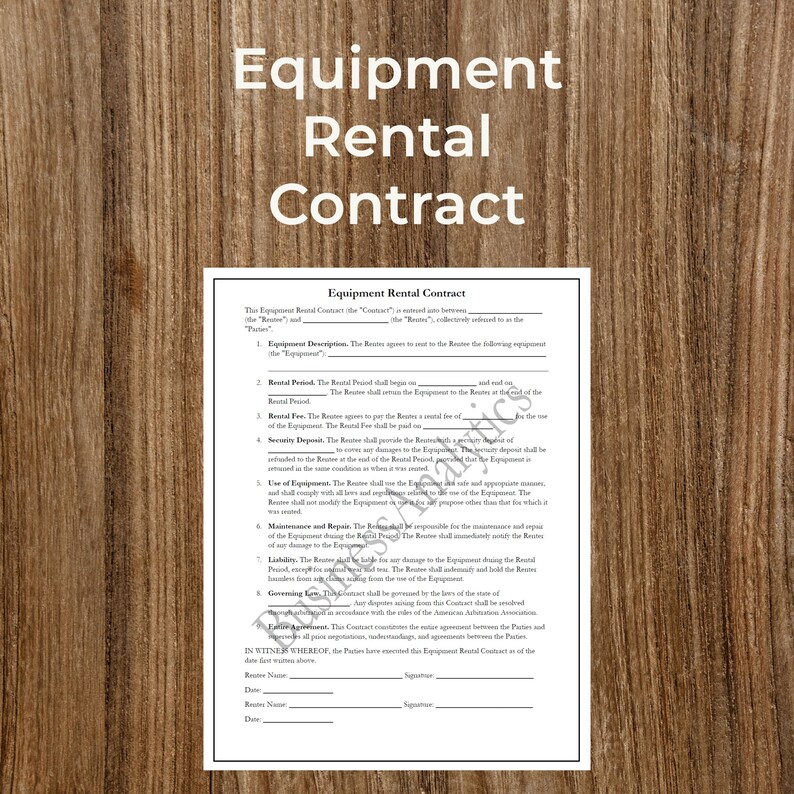 Equipment Rental Contract | Printable | Fillable | PDF | Digital ...