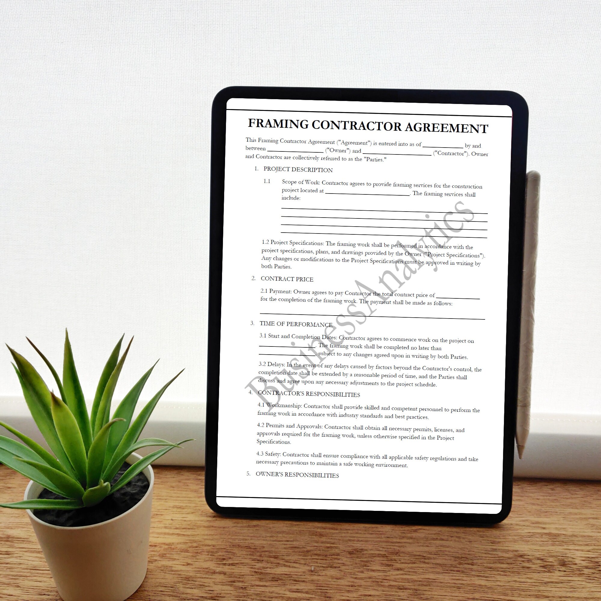 Framing Contractor Agreement Template | Contractor Forms | Printable ...
